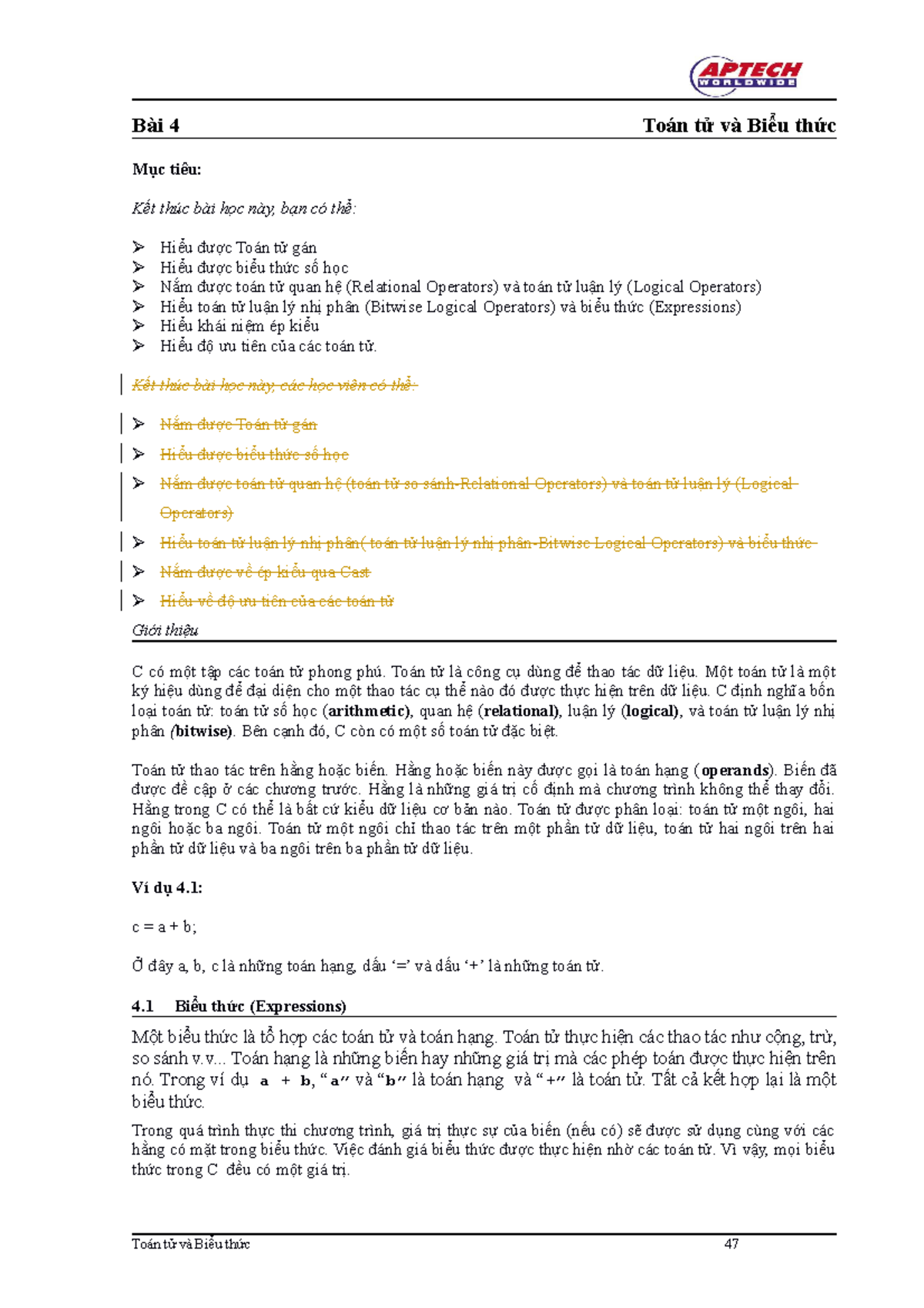 Session 04 - Concept - Bài 4 Toán tử và Biểu thức Mục tiêu: Kết thúc ...