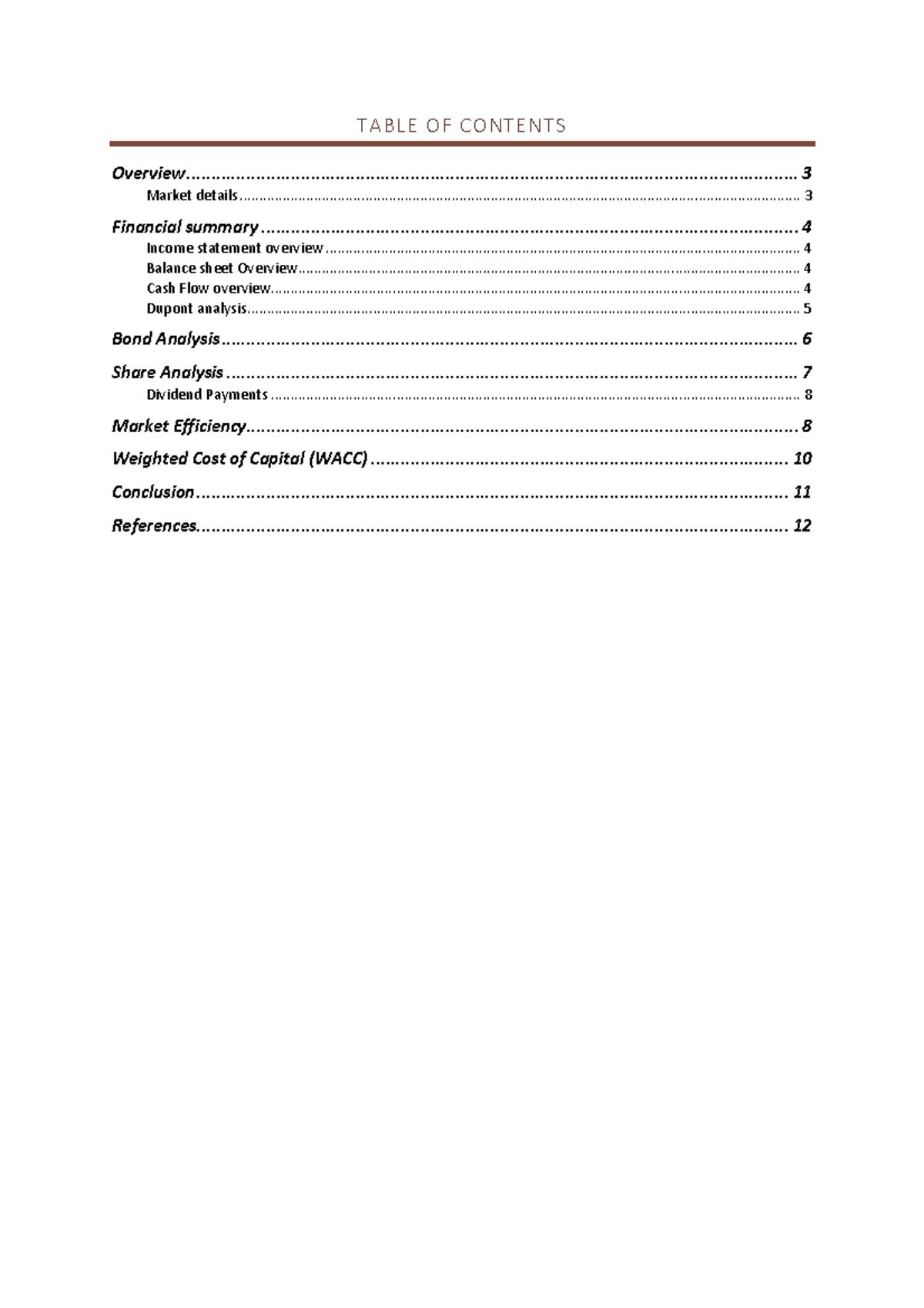 Corporate Finance Individual - TABLE OF CONTENTS Overview Market ...