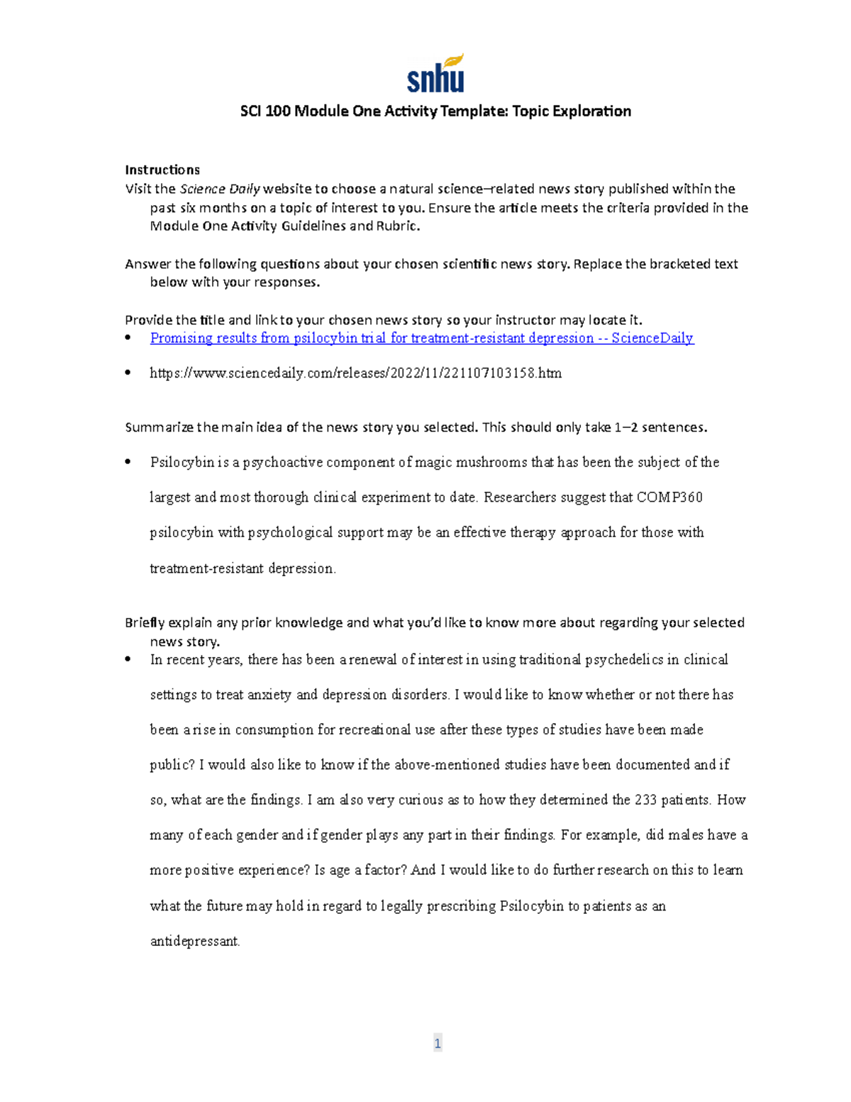 SCI100 MOD1 - Mandatory Assignment Module 1 - SCI 100 Module One Activity Template: Topic - Studocu
