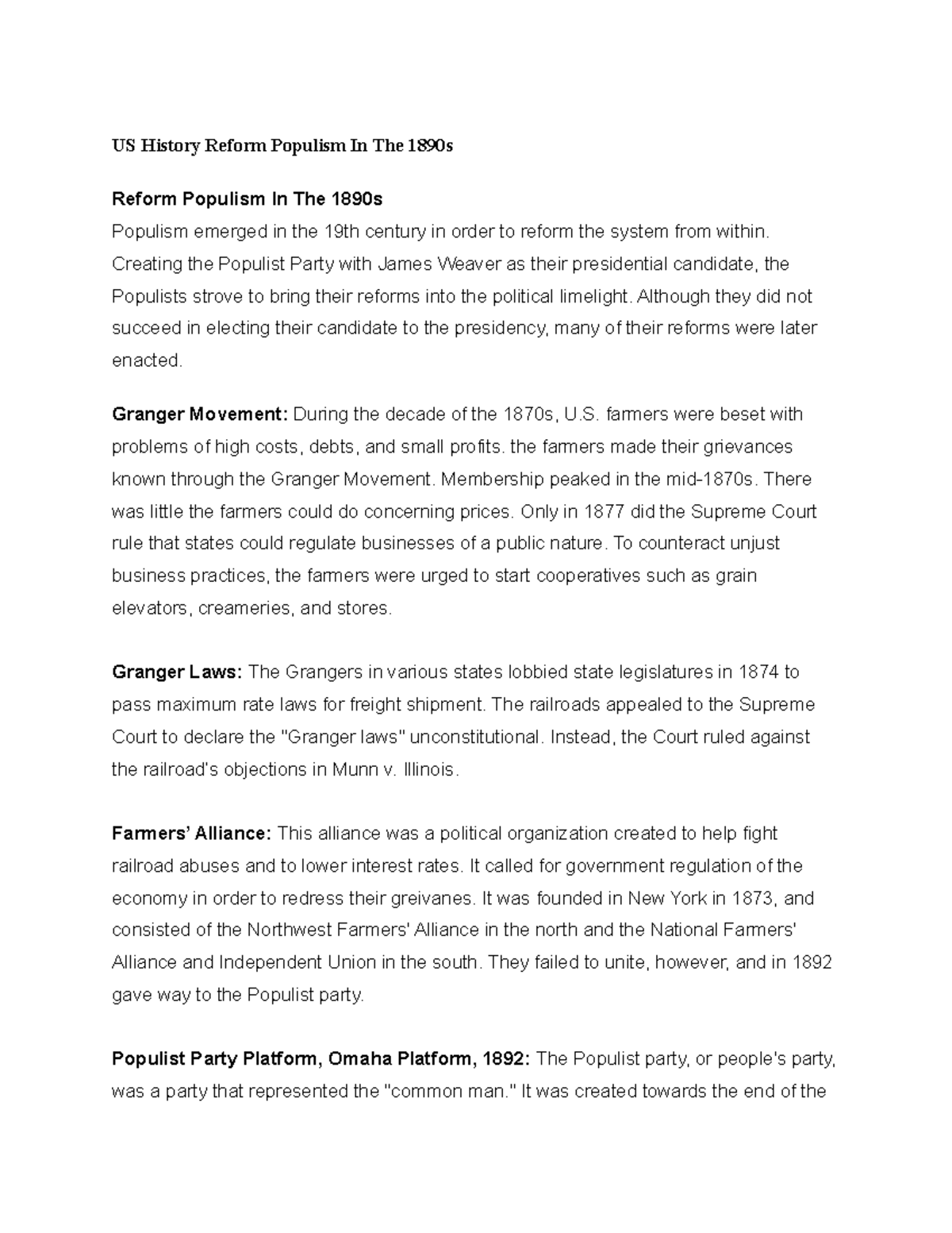 US History Reform Populism In The 1890s - Creating the Populist Party ...