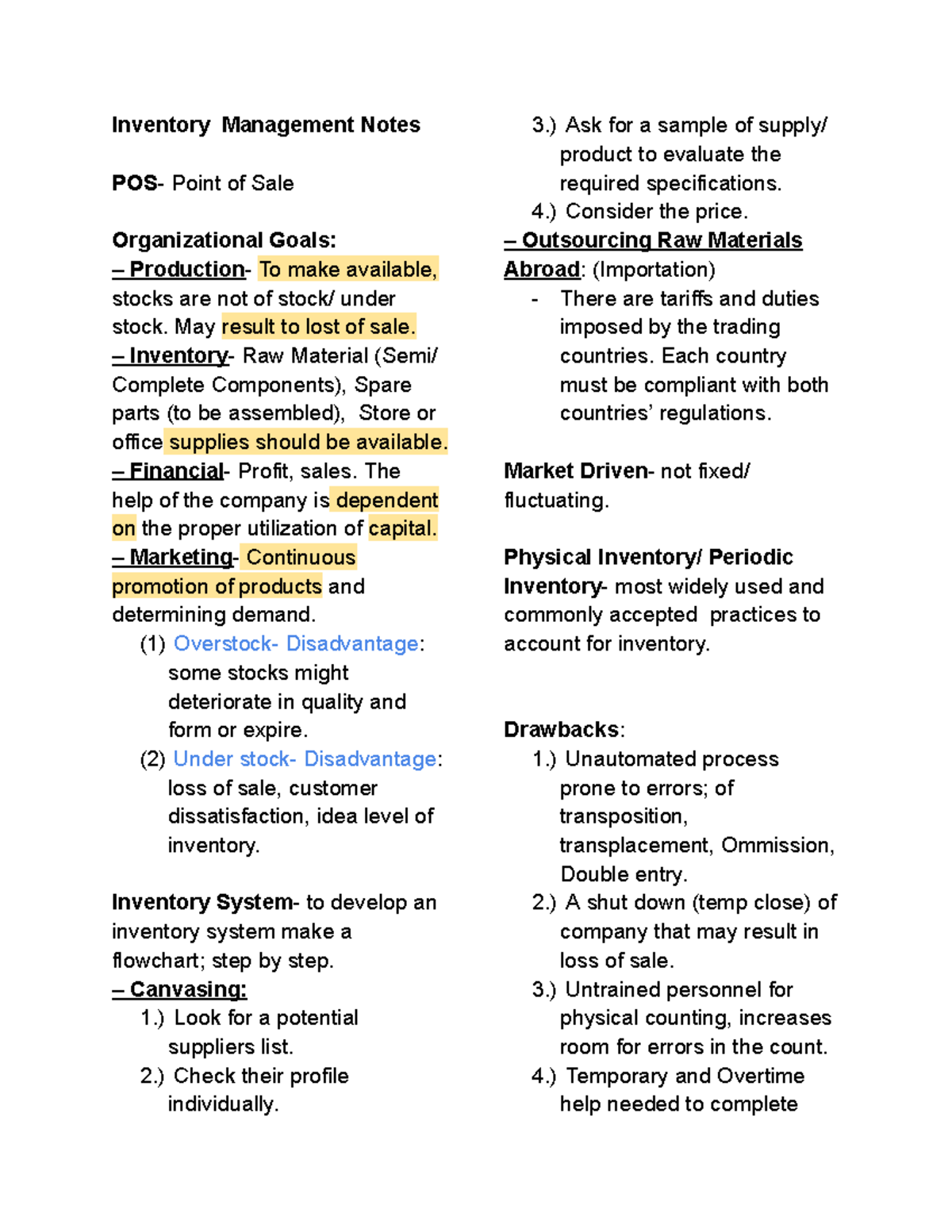 Inventory Management Notes - May result to lost of sale. Inventory- Raw ...