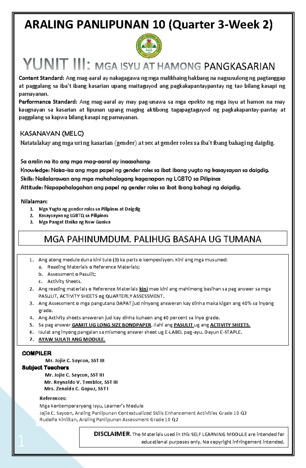 LM-Q-3 - Grade 10 - PANGKASARIAN ARALING PANLIPUNAN 10 (Quarter 3-Week ...
