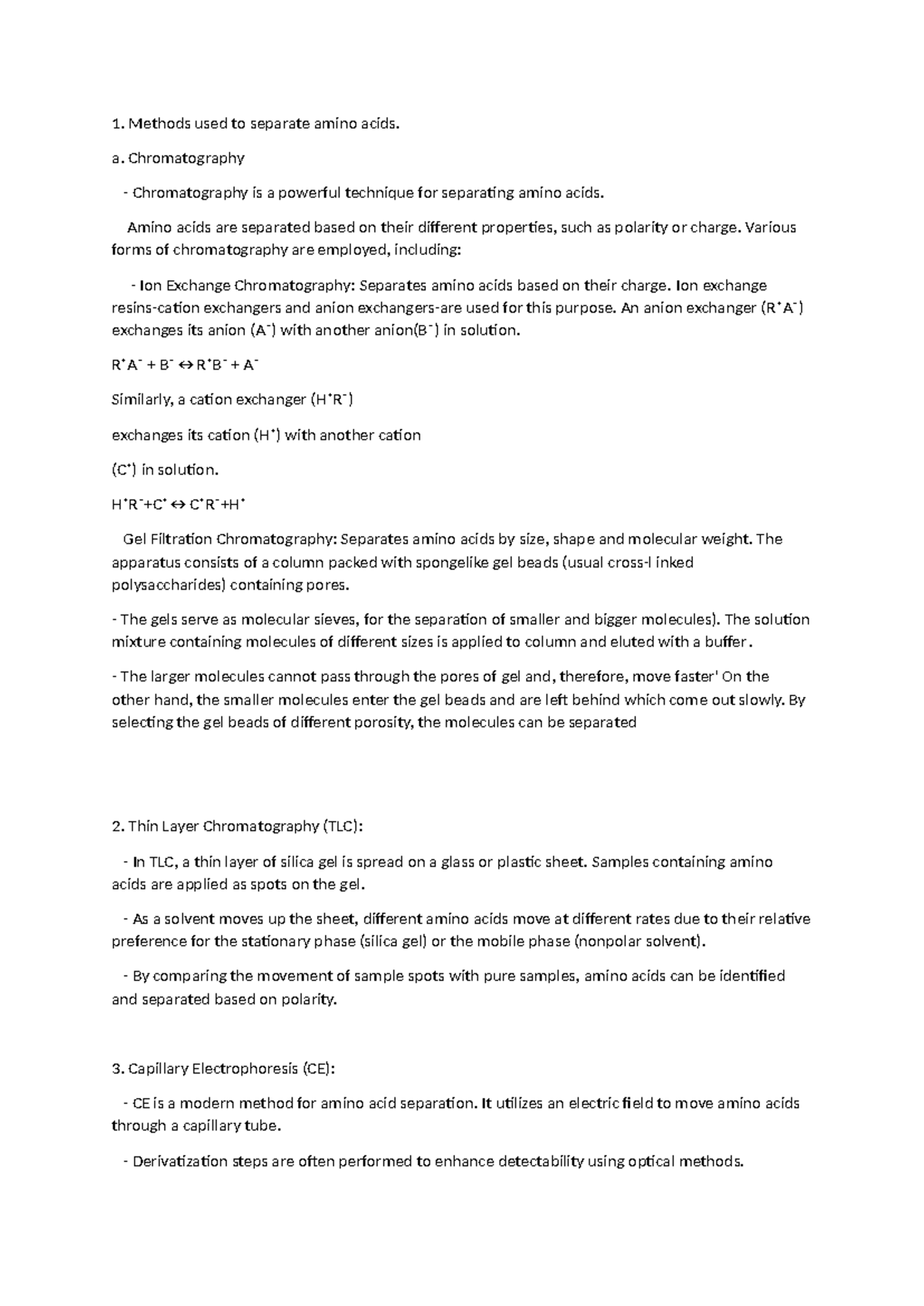 Biochemistry Assignment - Methods used to separate amino acids. a ...