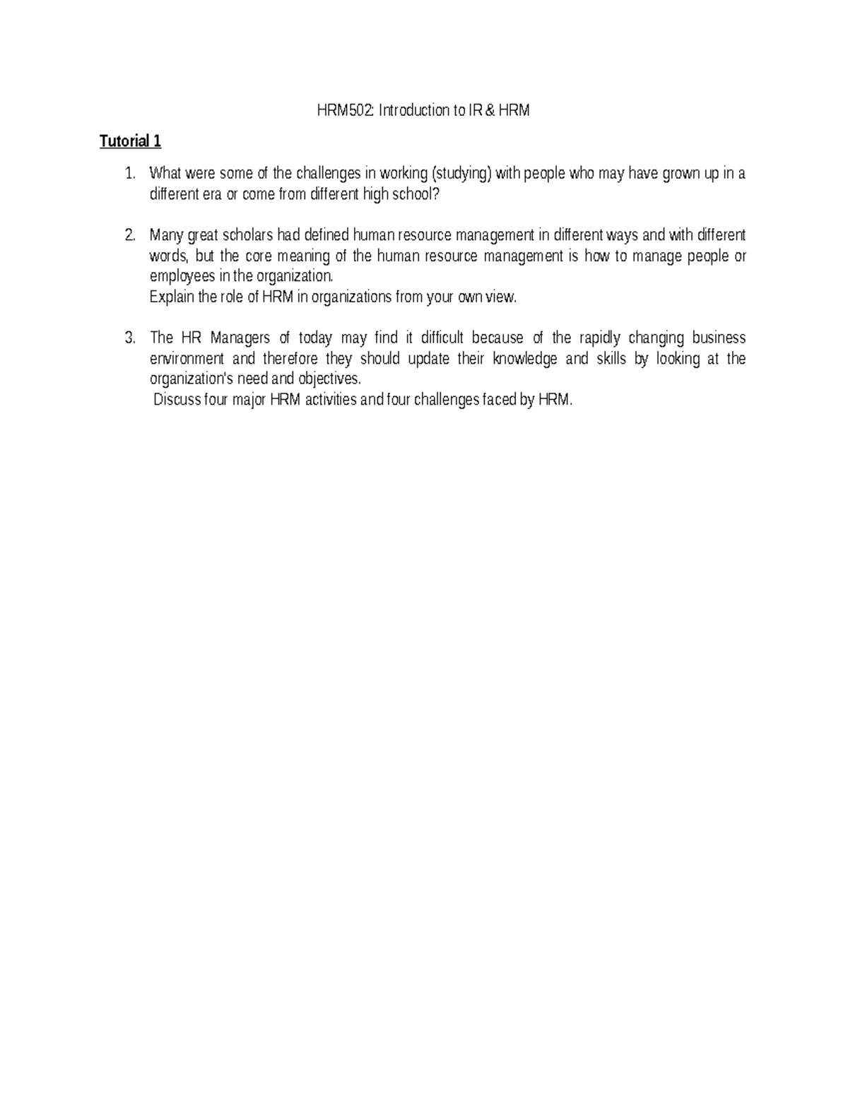 Tutorial 1 - Managing the human resource managemnt - HRM502 ...