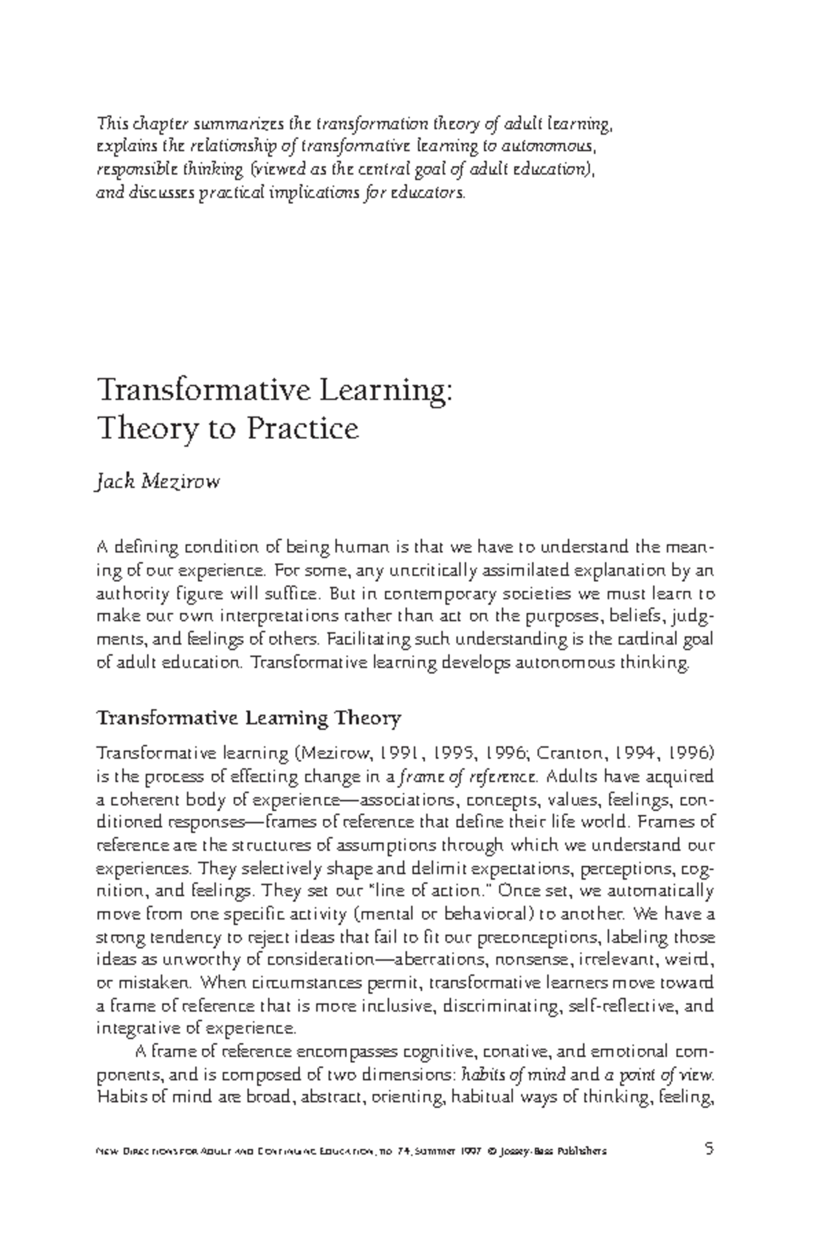 Transformative Learning - Transformative Learning: Theory to Practice ...