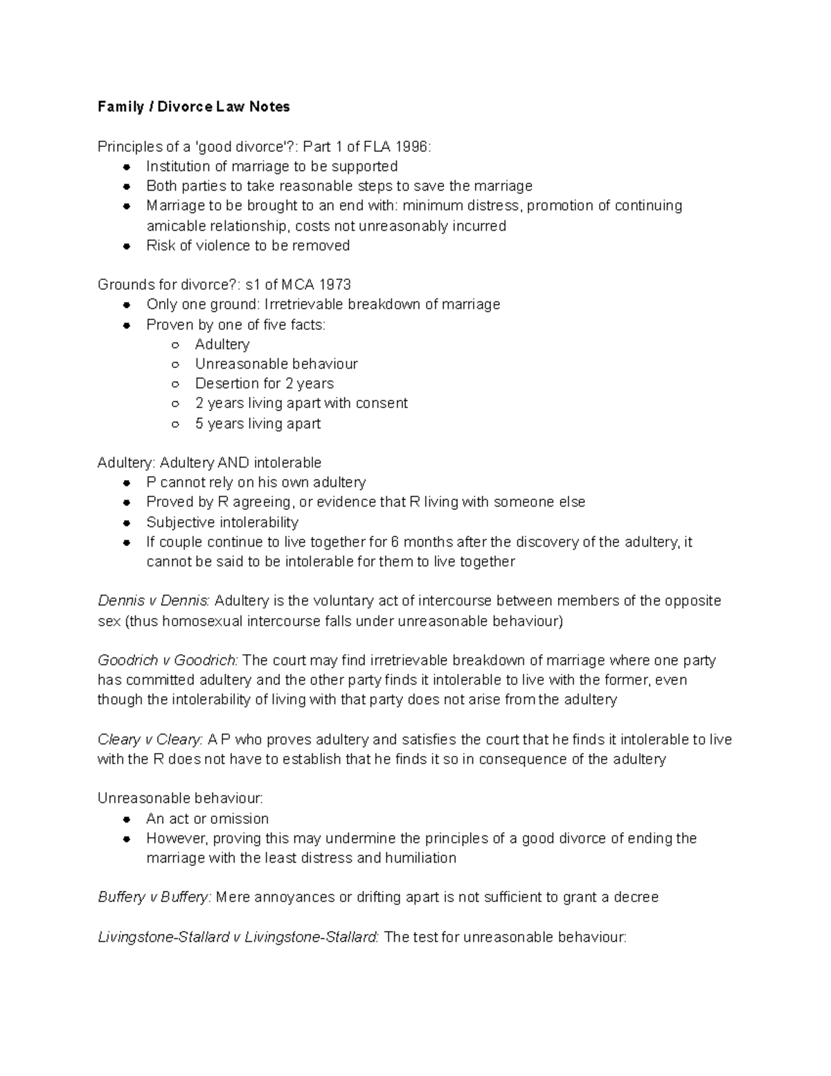 Family Divorce Law Notes - Family / Divorce Law Notes Principles of a ...