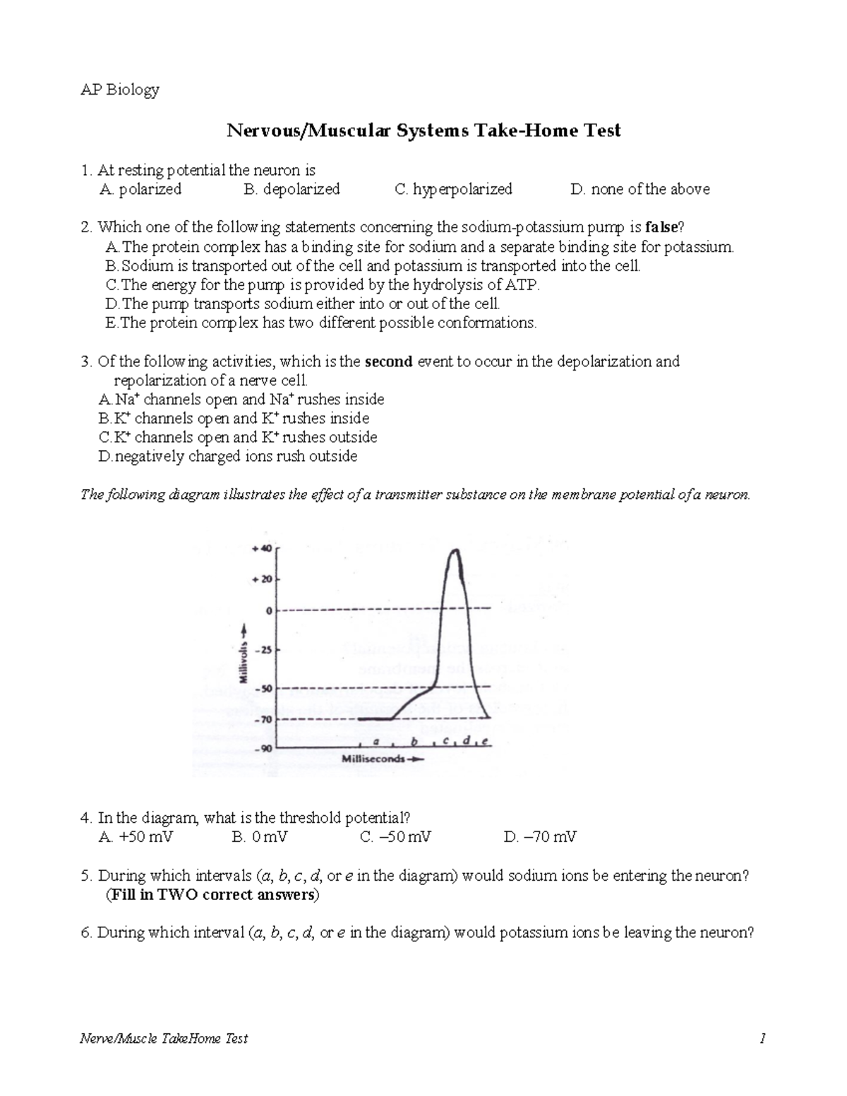 Nervous System Practice test - AP Biology Nervous/Muscular Systems Take ...