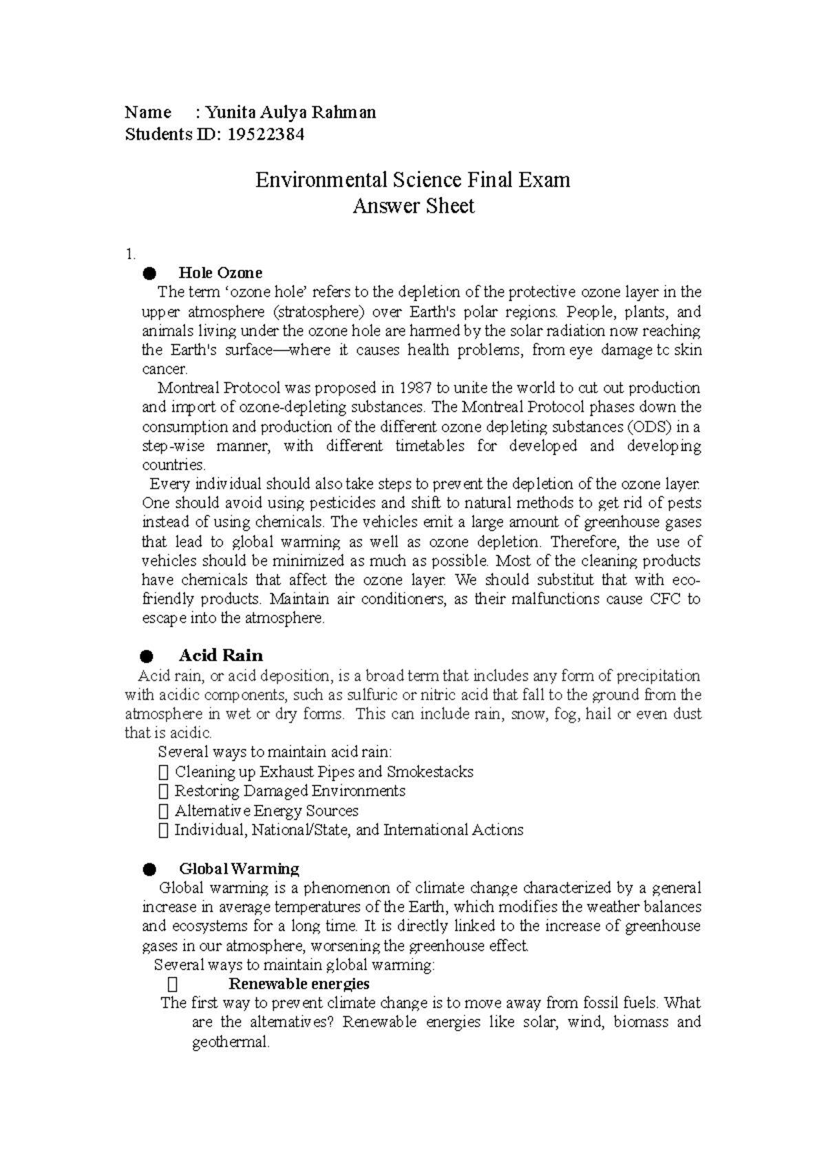 Environmental Science - NameStudents ID: 19522384 : Yunita Aulya Rahman ...