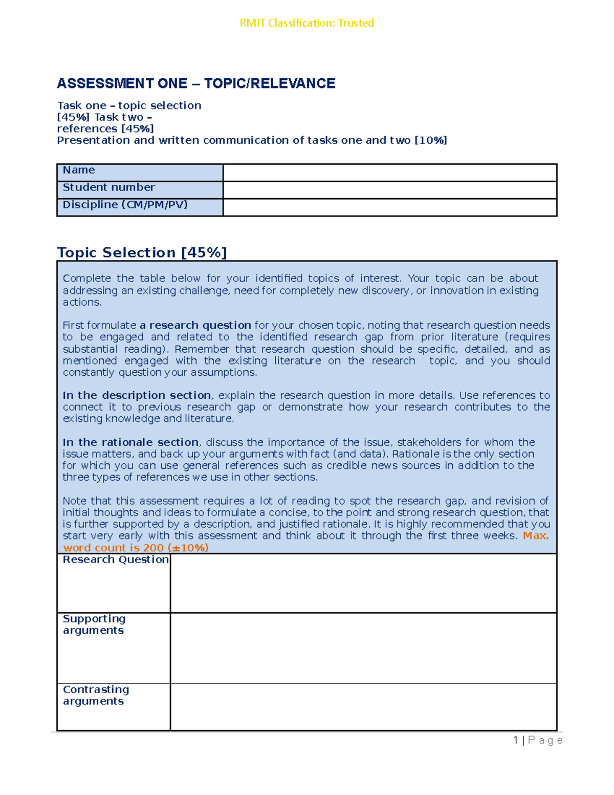 Assignment 1 Template-1 - ASSESSMENT ONE – TOPIC/RELEVANCE Task one ...