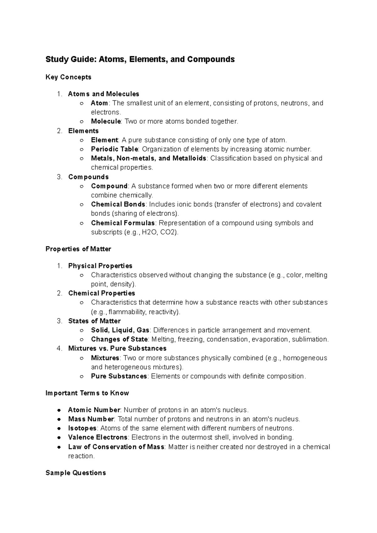 Study Guide Atoms, Elements, and Compounds - Atoms and Molecules Atom ...