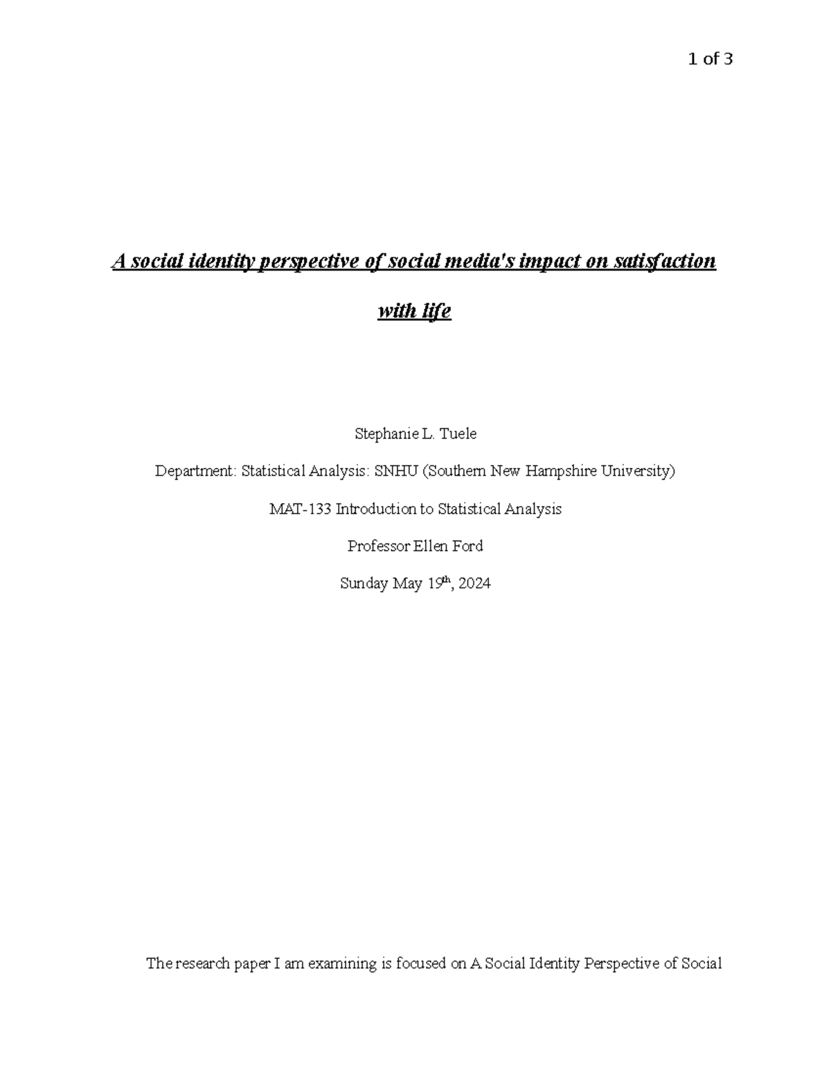 Assignment one MAT133 - 1 of 3 A social identity perspective of social ...