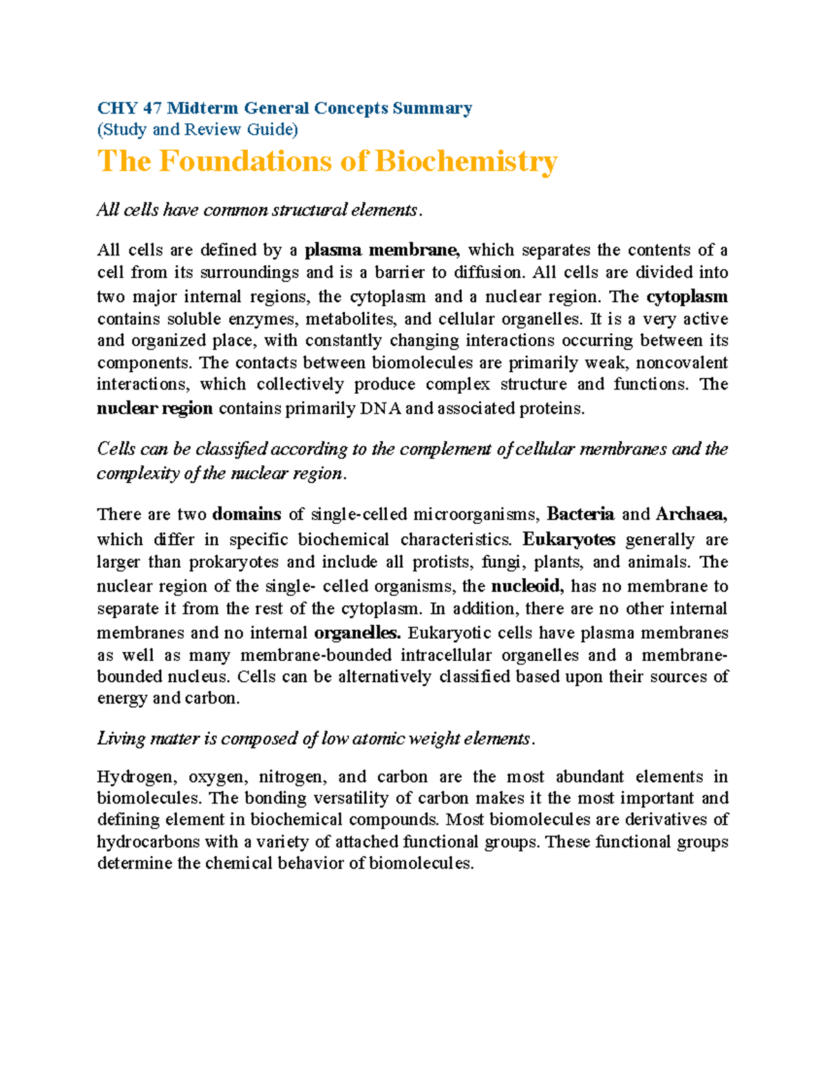 Biochemistry, biology, nursing - CHY 47 Midterm General Concepts ...
