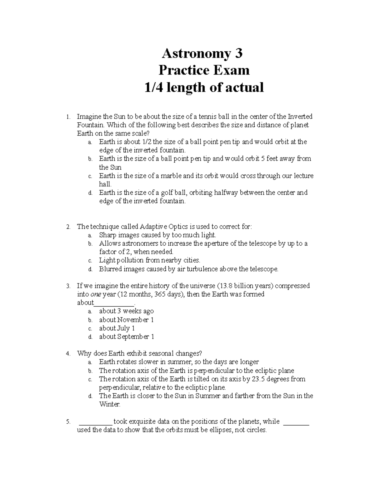 Astro 3 Practice-midterm 19FL1 - Astronomy 3 Practice Exam 1/4 length ...