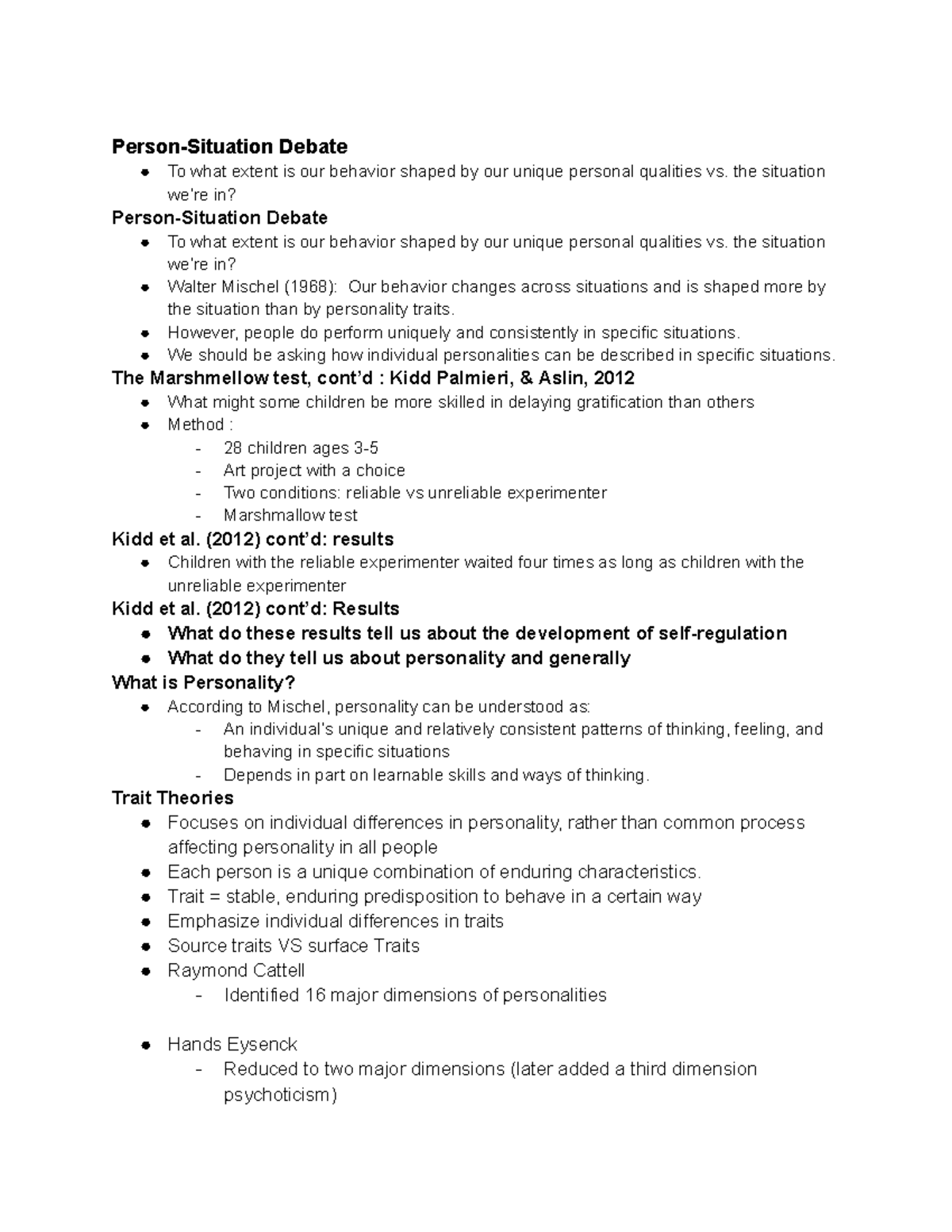Psych (personility) - Person-Situation Debate To what extent is our ...