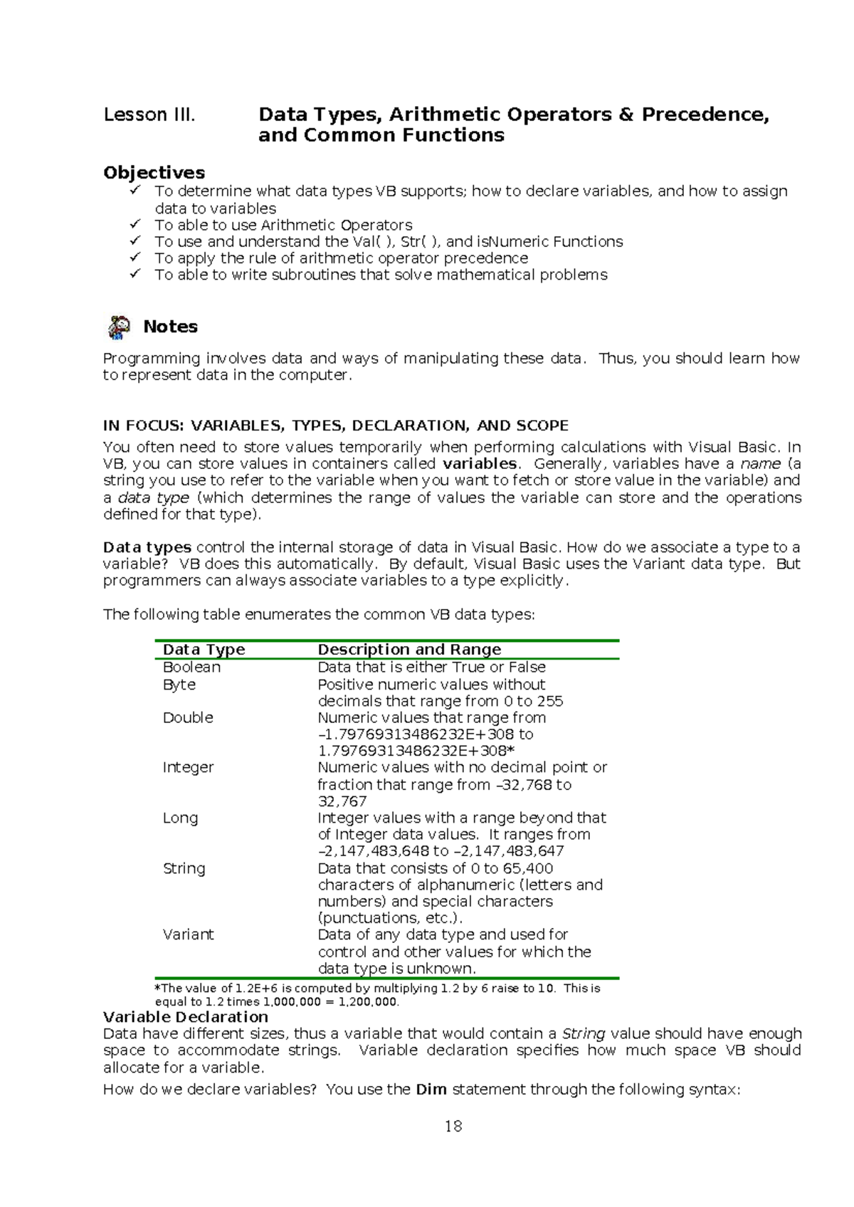 Lesson-III - lesson - Lesson III. Data Types, Arithmetic Operators ...