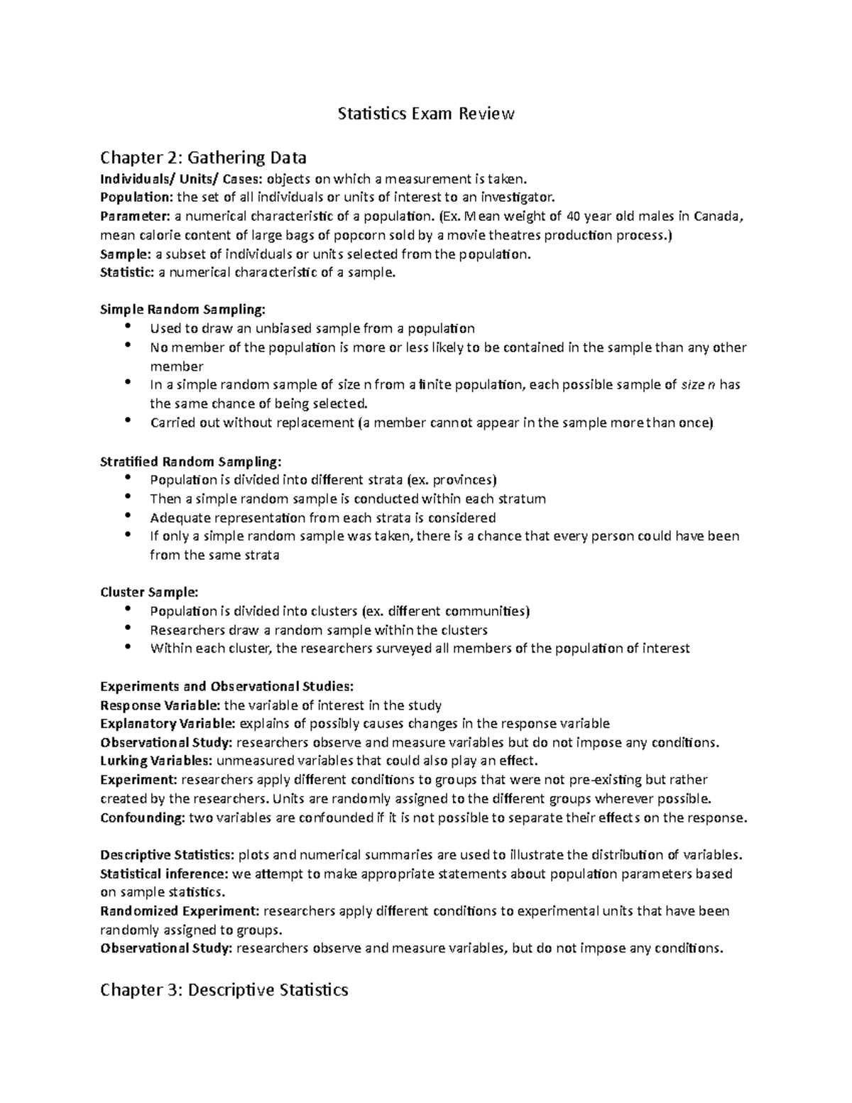 Statistics Exam Review - Statistics Exam Review Chapter 2: Gathering ...