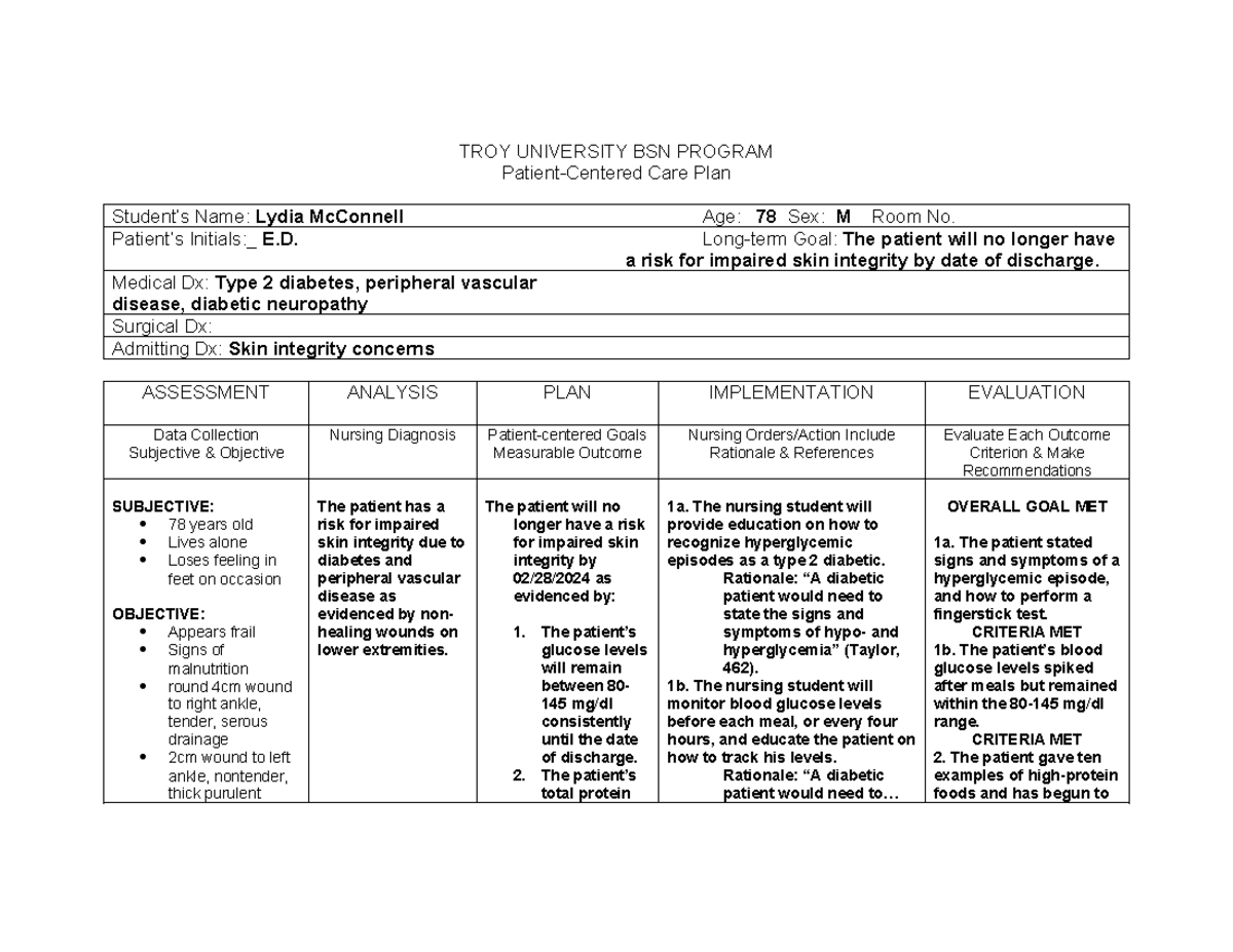 Care-plan-form - Example of a care plan - TROY UNIVERSITY BSN PROGRAM ...