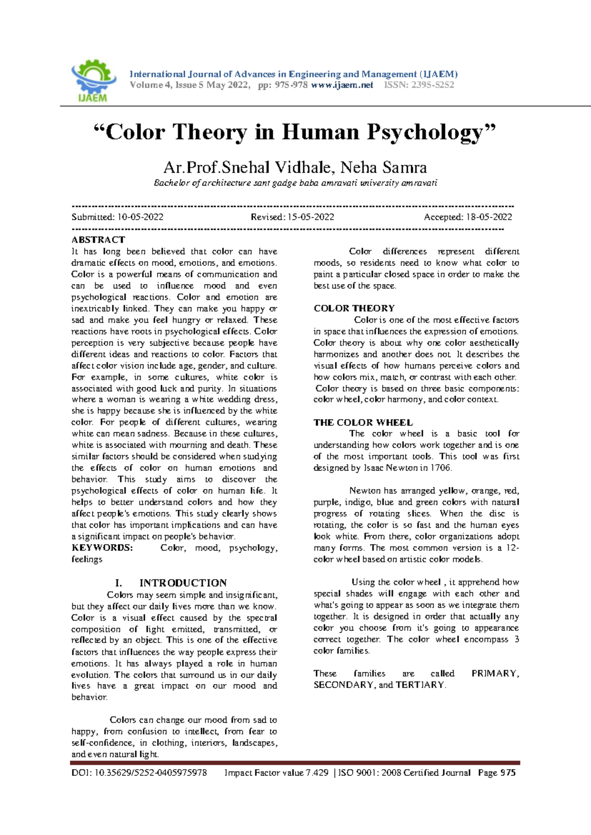Color Theory in Human Psychology - Volume 4, Issue 5 May 2022, pp: 975 ...