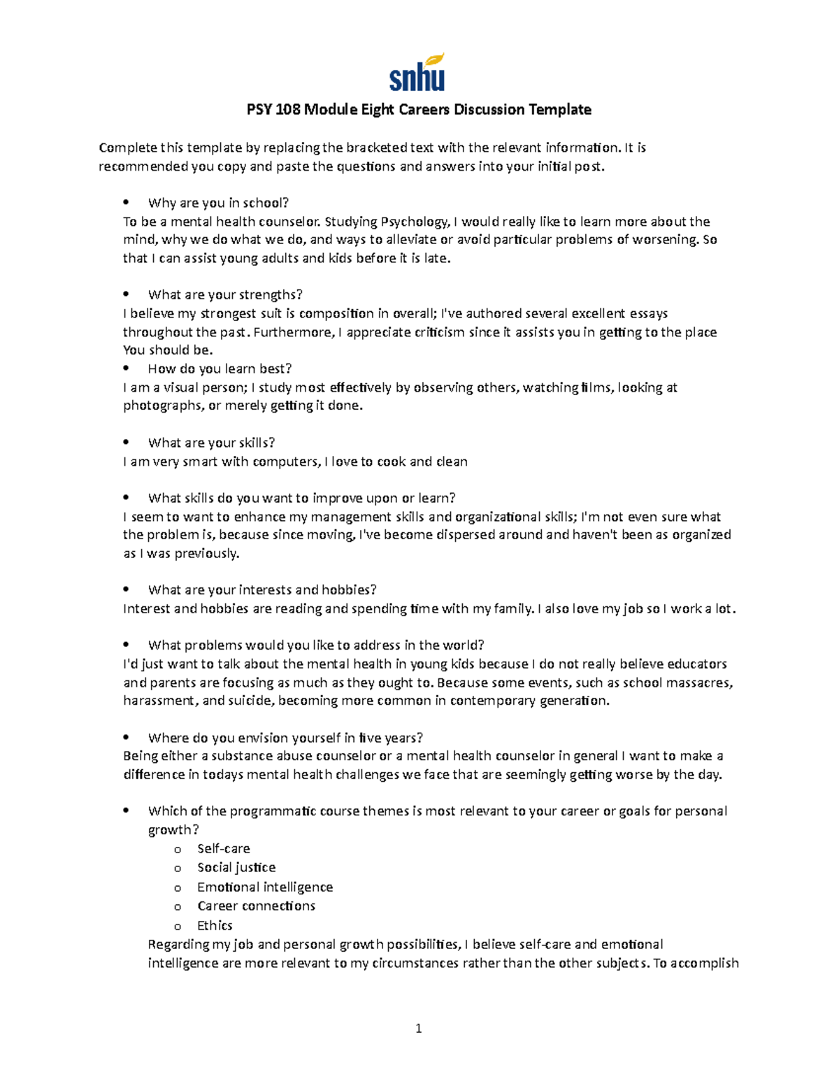 PSY 108 Module Eight Careers Discussion Template - PSY 108 Module Eight ...