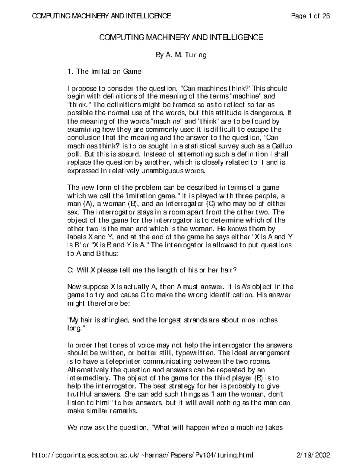 6.Alan Turing - Alan Turinf - COMPUTING MACHINERY AND INTELLIGENCE By A ...