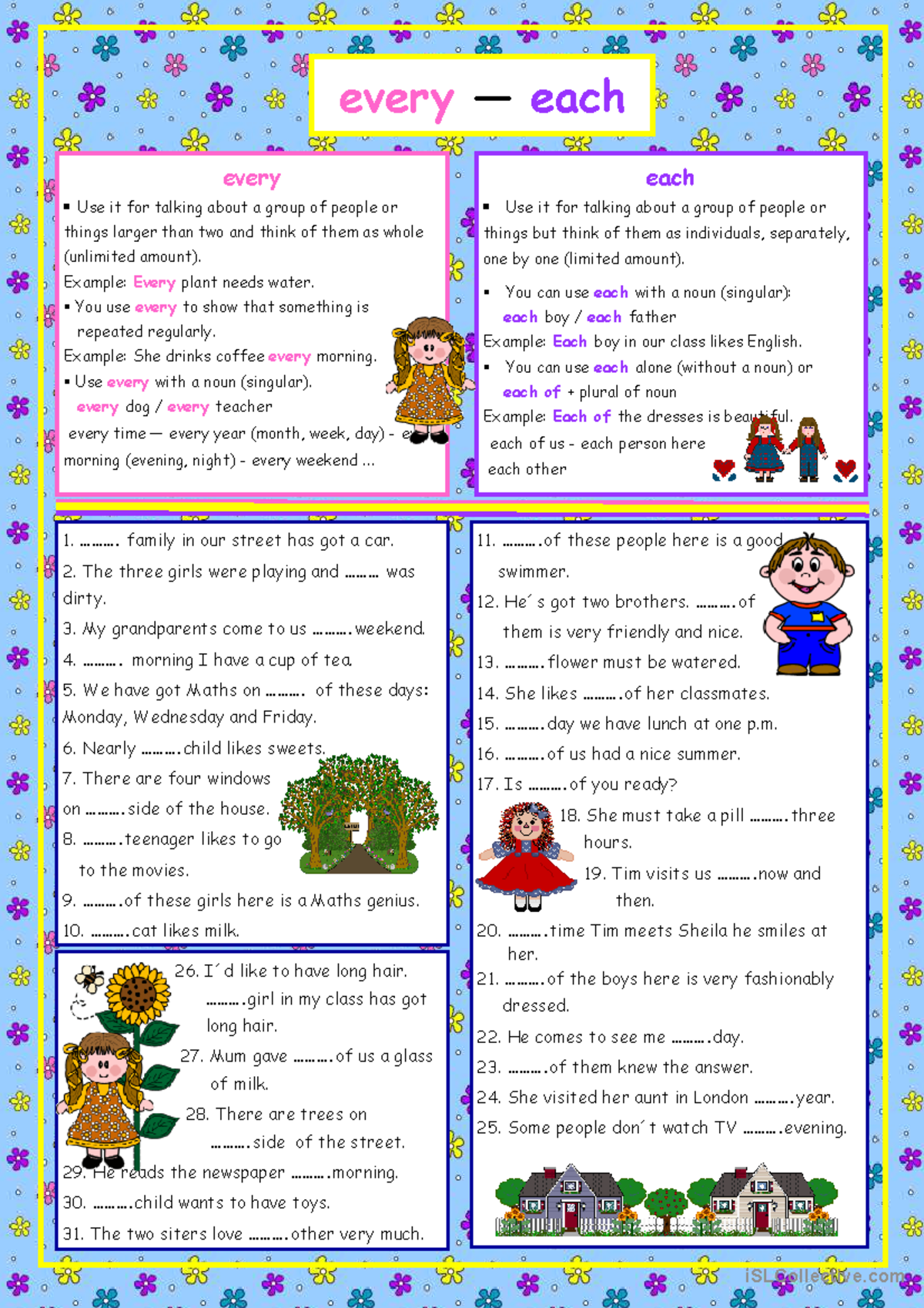 Every - each - every — each each Use it for talking about a group of ...