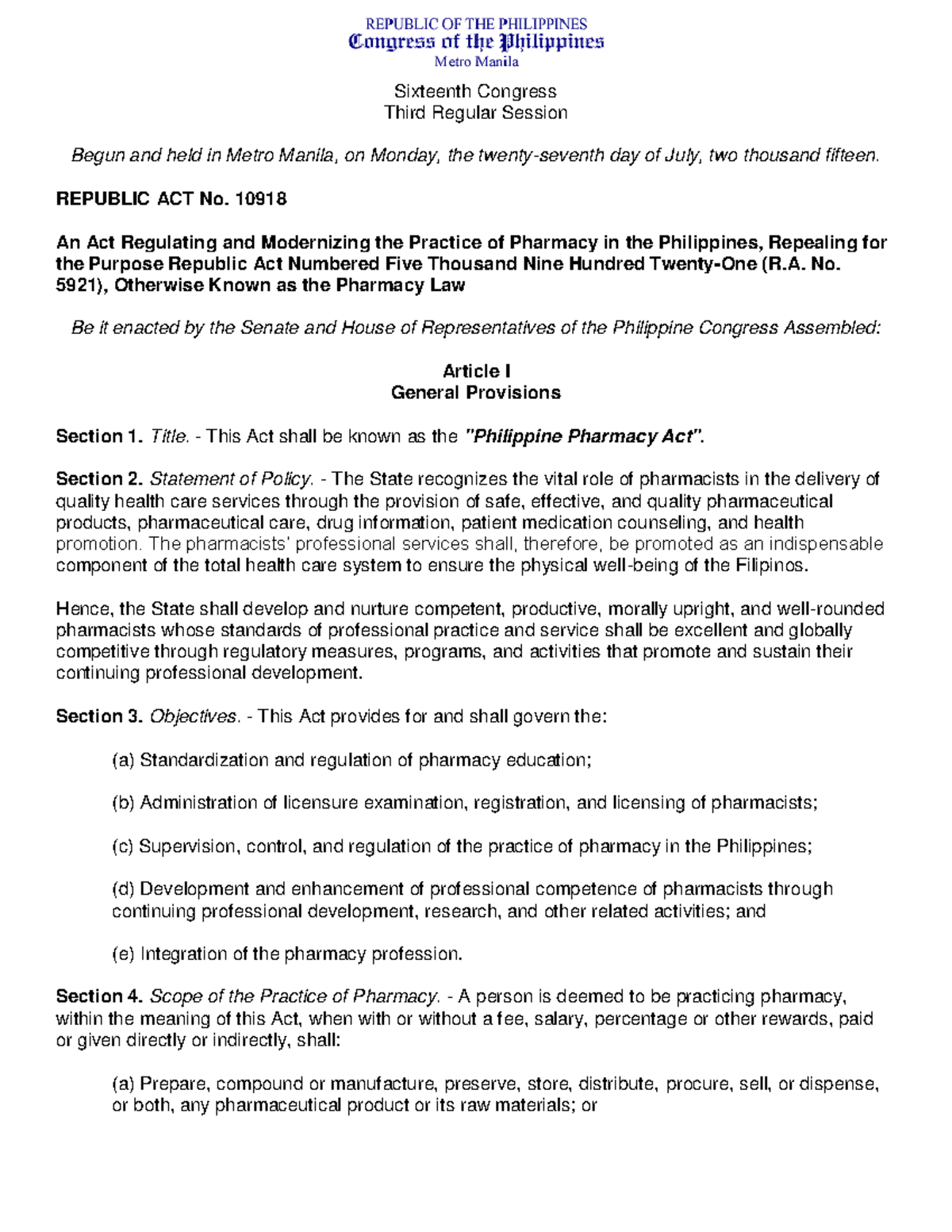 RA 10918 - Lecture Notes that are highly educational - Sixteenth ...