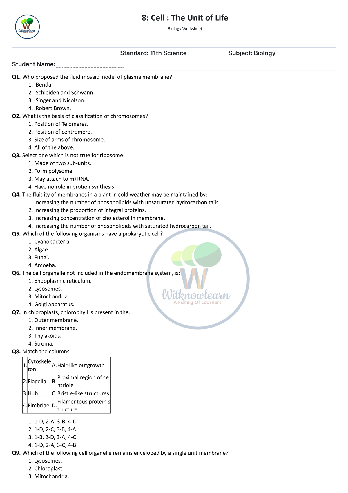 UNIT 3 Cells Doiultions - Q1. Who proposed the fluid mosaic model of ...