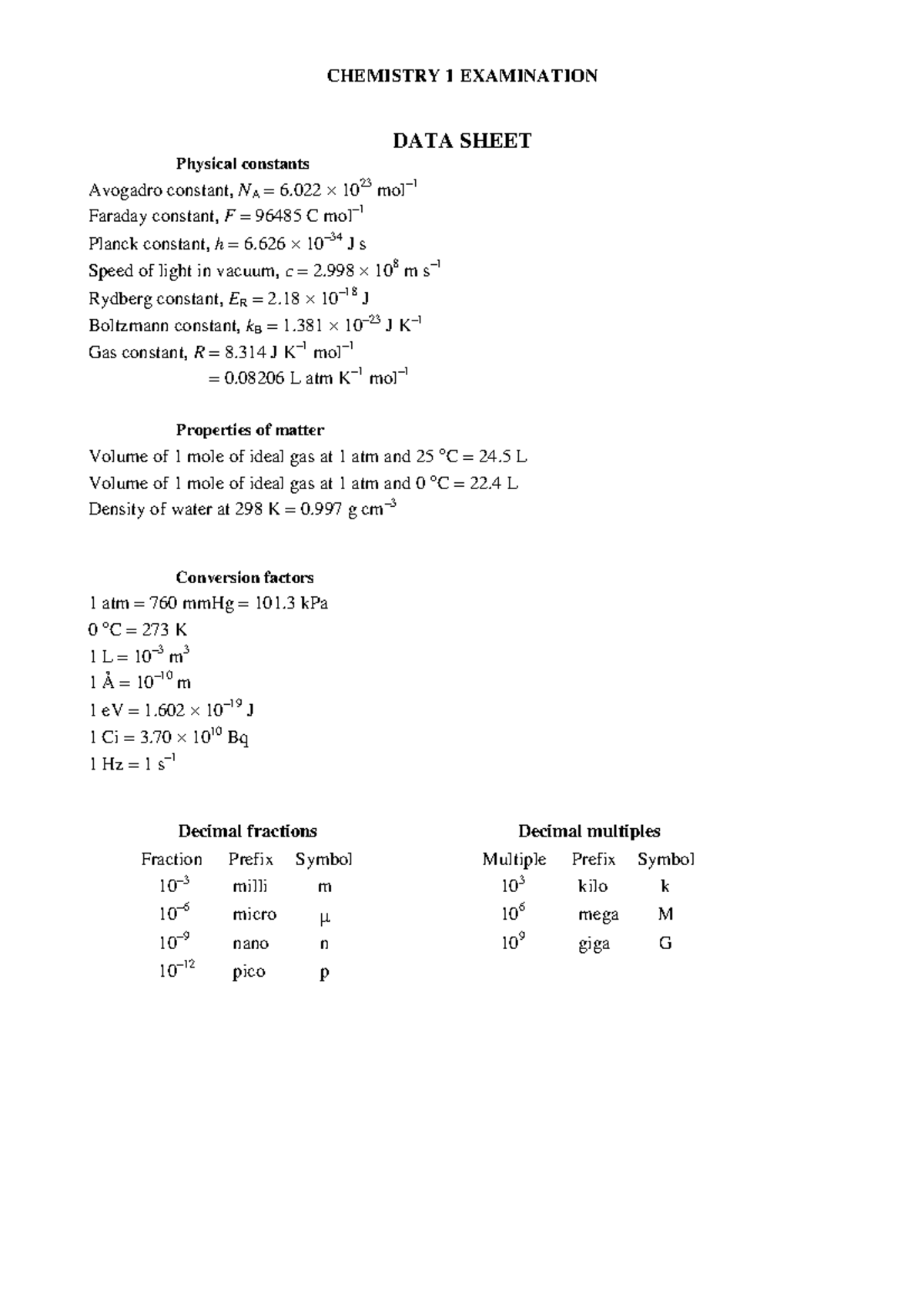 Chemistry Exam data sheet - CHEMISTRY 1 EXAMINATION DATA SHEET Physical ...