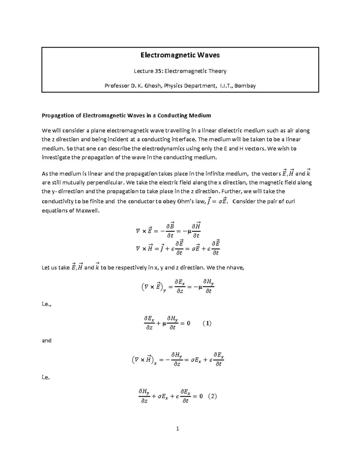 Lecture-35 - lecture - Propagation of Electromagnetic Waves in a ...