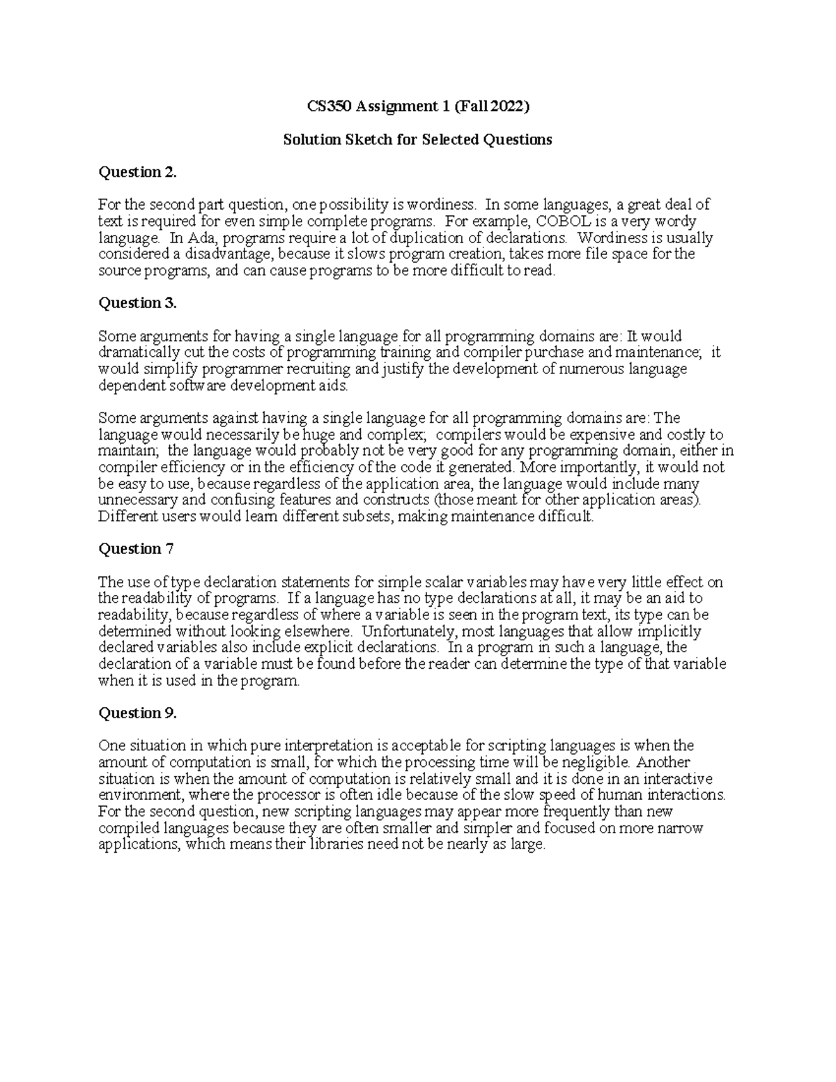 Assignment 1 Solution Sketch - CS350 Assignment 1 (Fall 2022) Solution Sketch for Selected ...