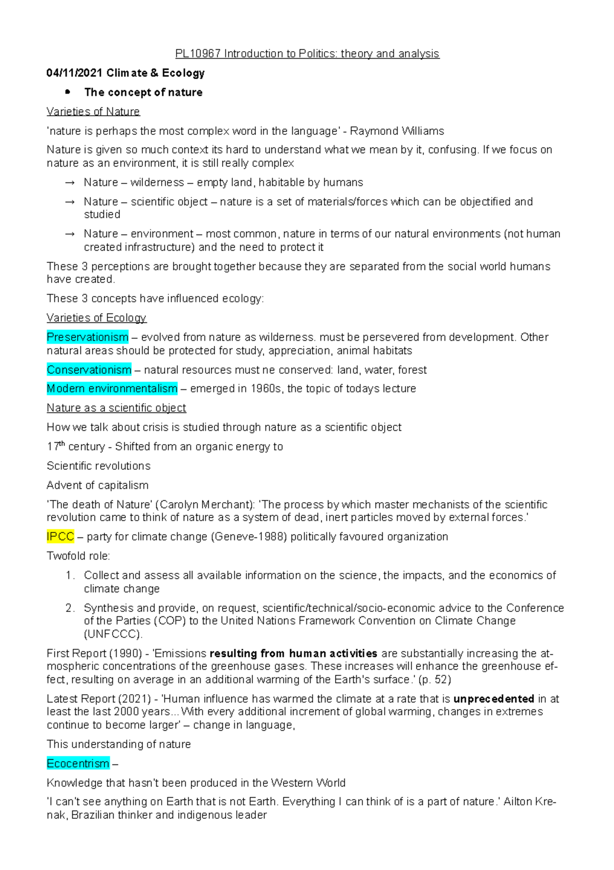 Lecture 10. Climate and Ecology - PL10967 Introduction to Politics ...
