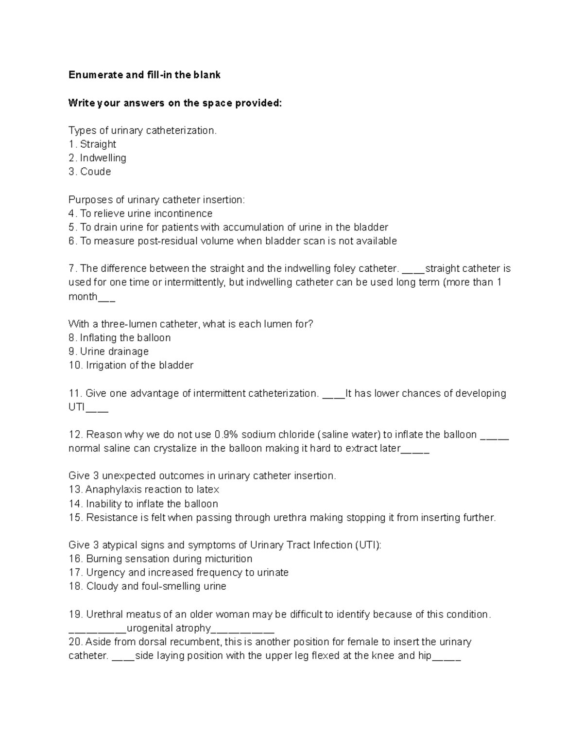 Catheter Insertion Quiz - Enumerate and fill-in the blank Write your ...