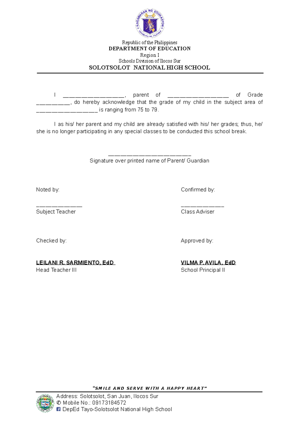 Notice of undertaking - Intended for senior high school. - Republic of ...