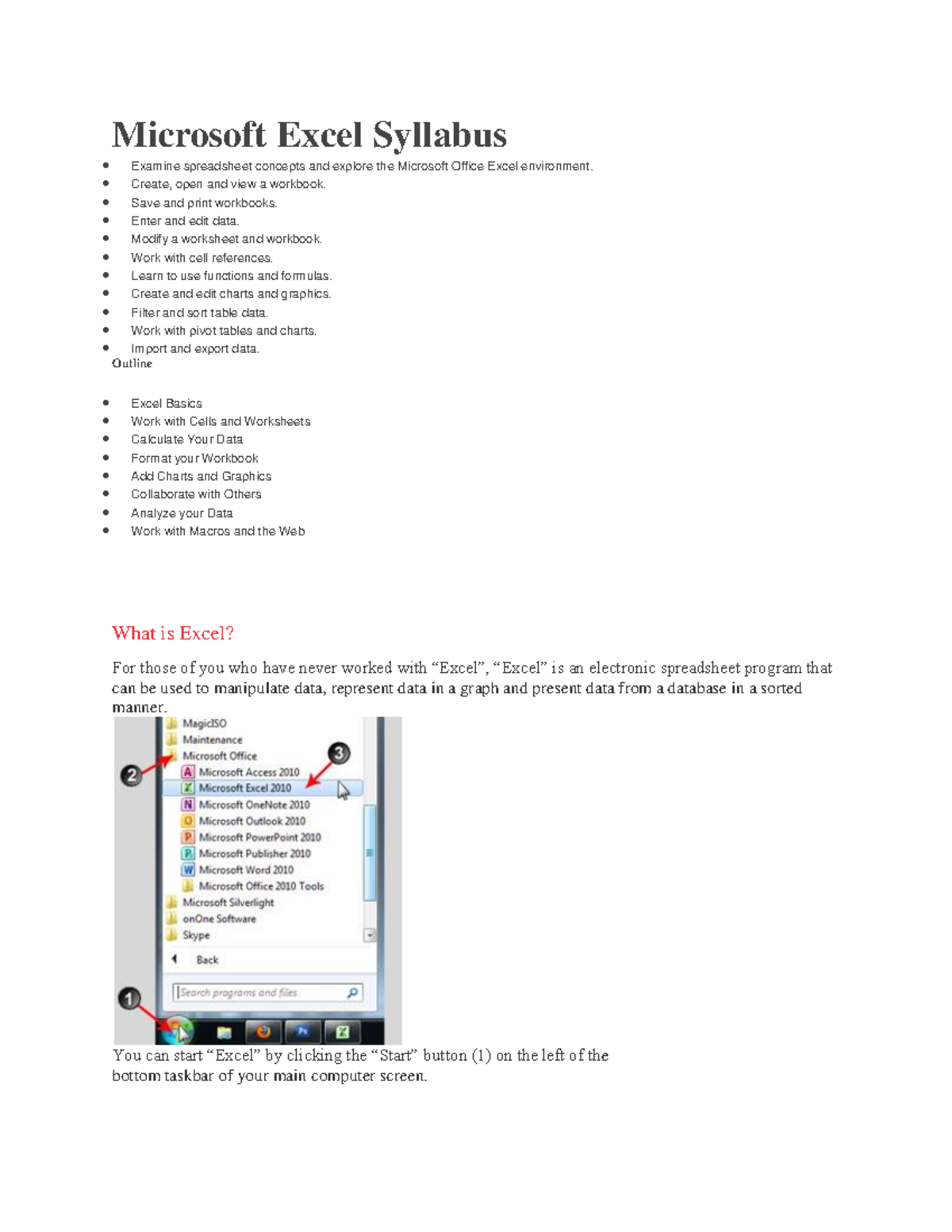 Excel part1 - Microsoft Excel Syllabus Examine spreadsheet concepts and ...