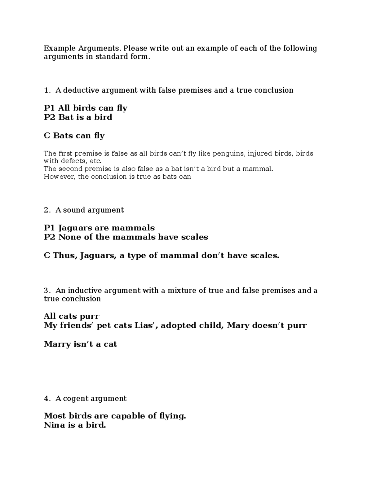 Response Paper 1- Fall 2021 - Example Arguments. Please write out an ...