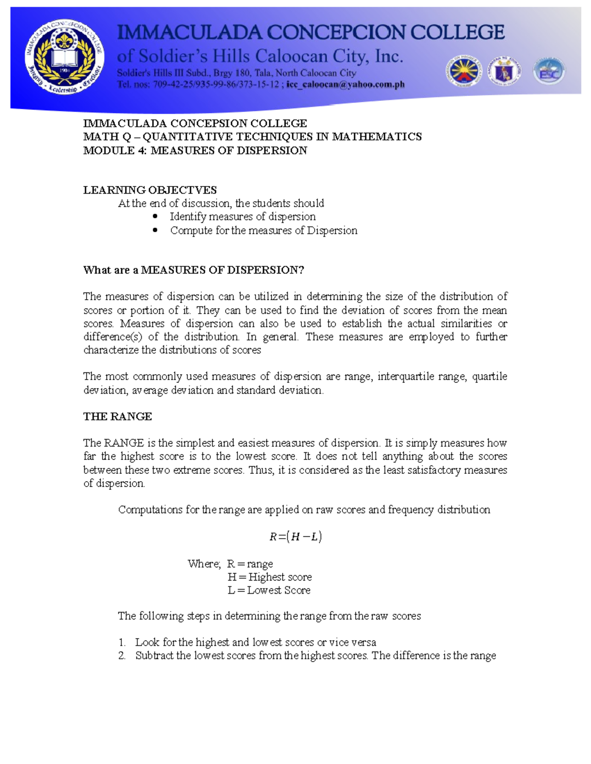 MATH Q Module 4 - IMMACULADA CONCEPSION COLLEGE MATH Q – QUANTITATIVE ...