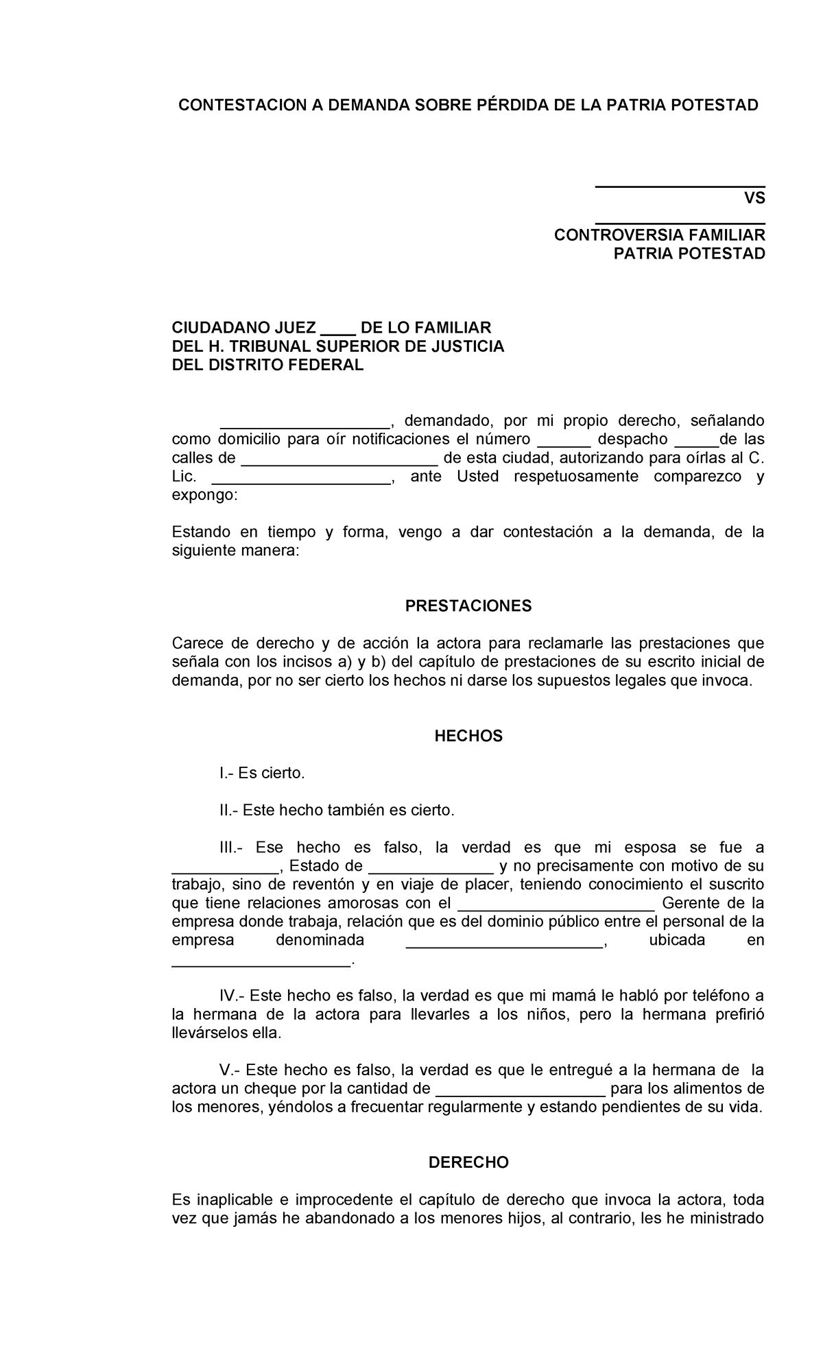 Contestacion A Demanda Sobre Pérdida DE LA Patria Potesta 1 ...