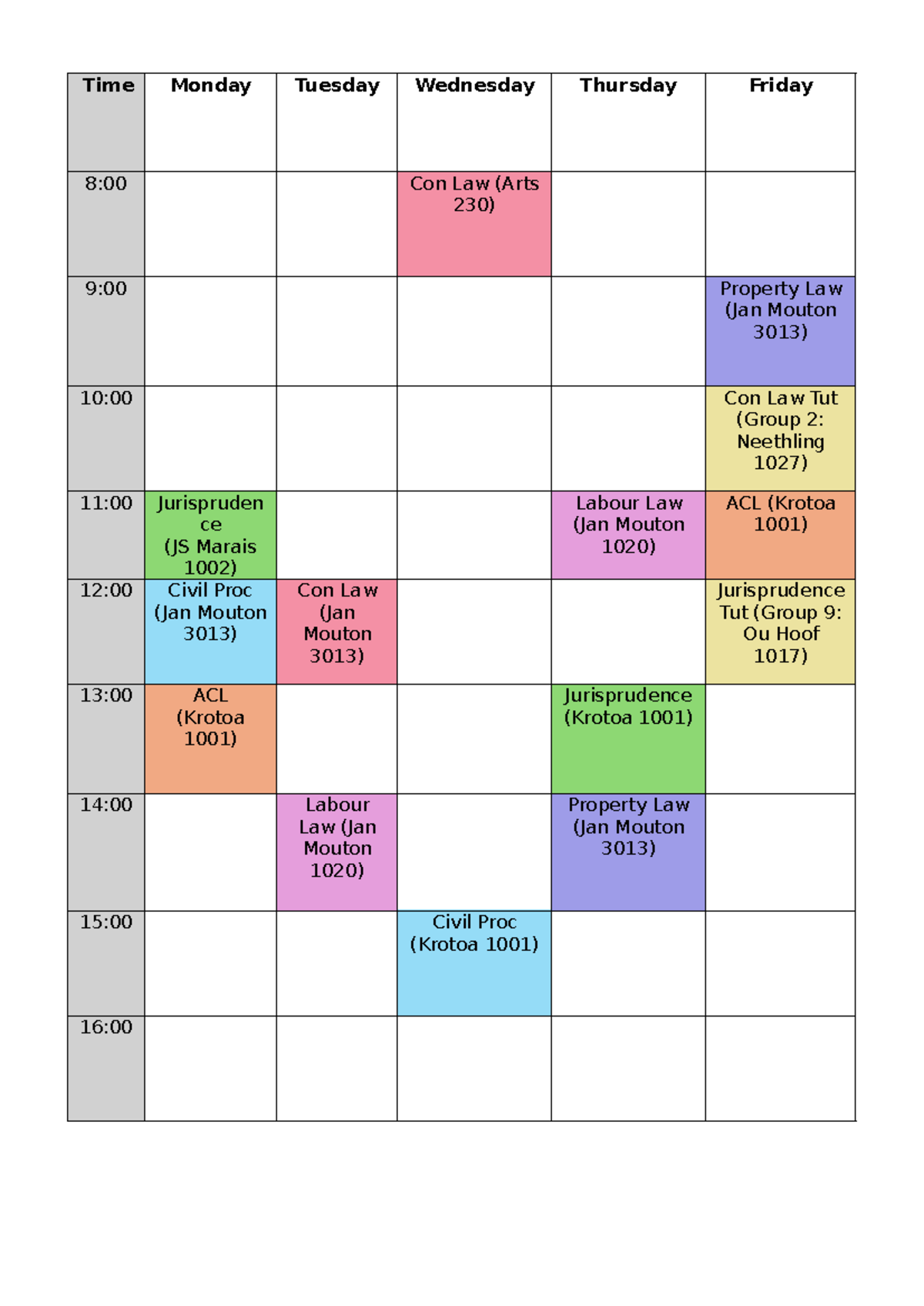 Semester 2 timetable - Time Monday Tuesday Wednesday Thursday Friday 8: ...