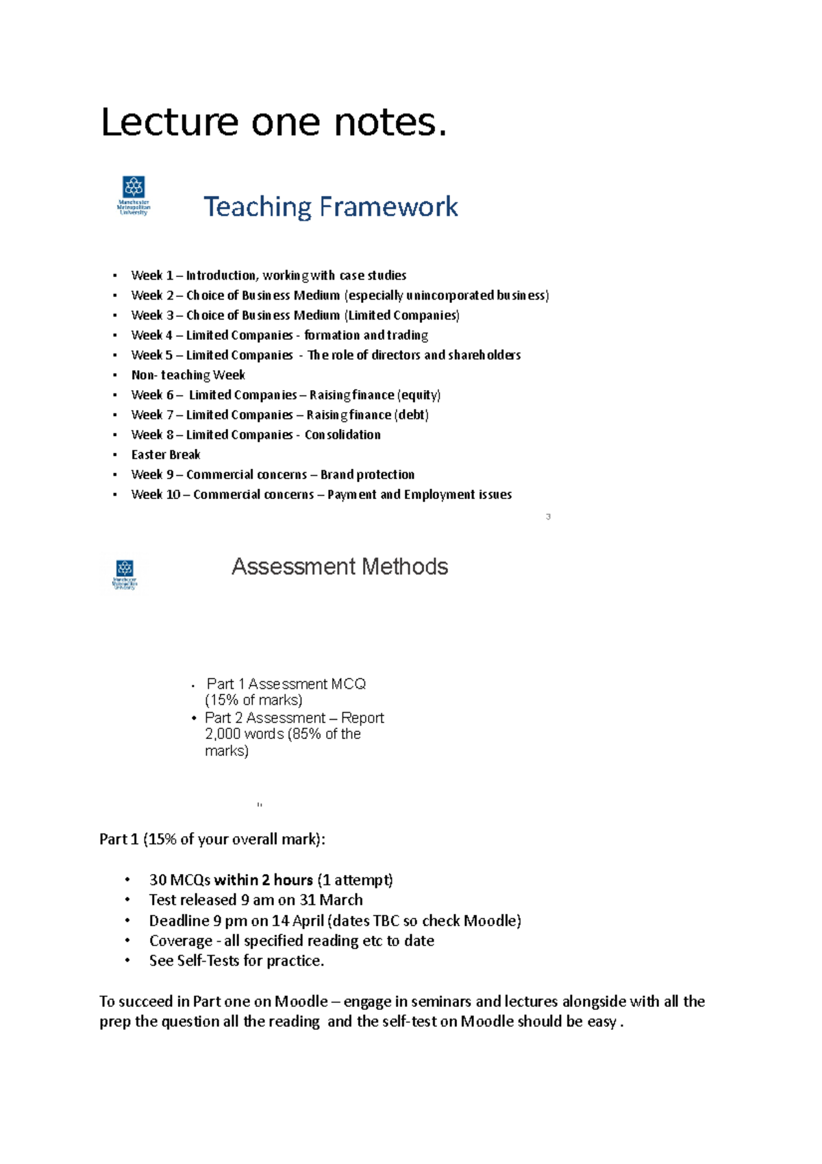 Lecture one notes - .... - Lecture one notes. Teaching Framework Week 1 ...