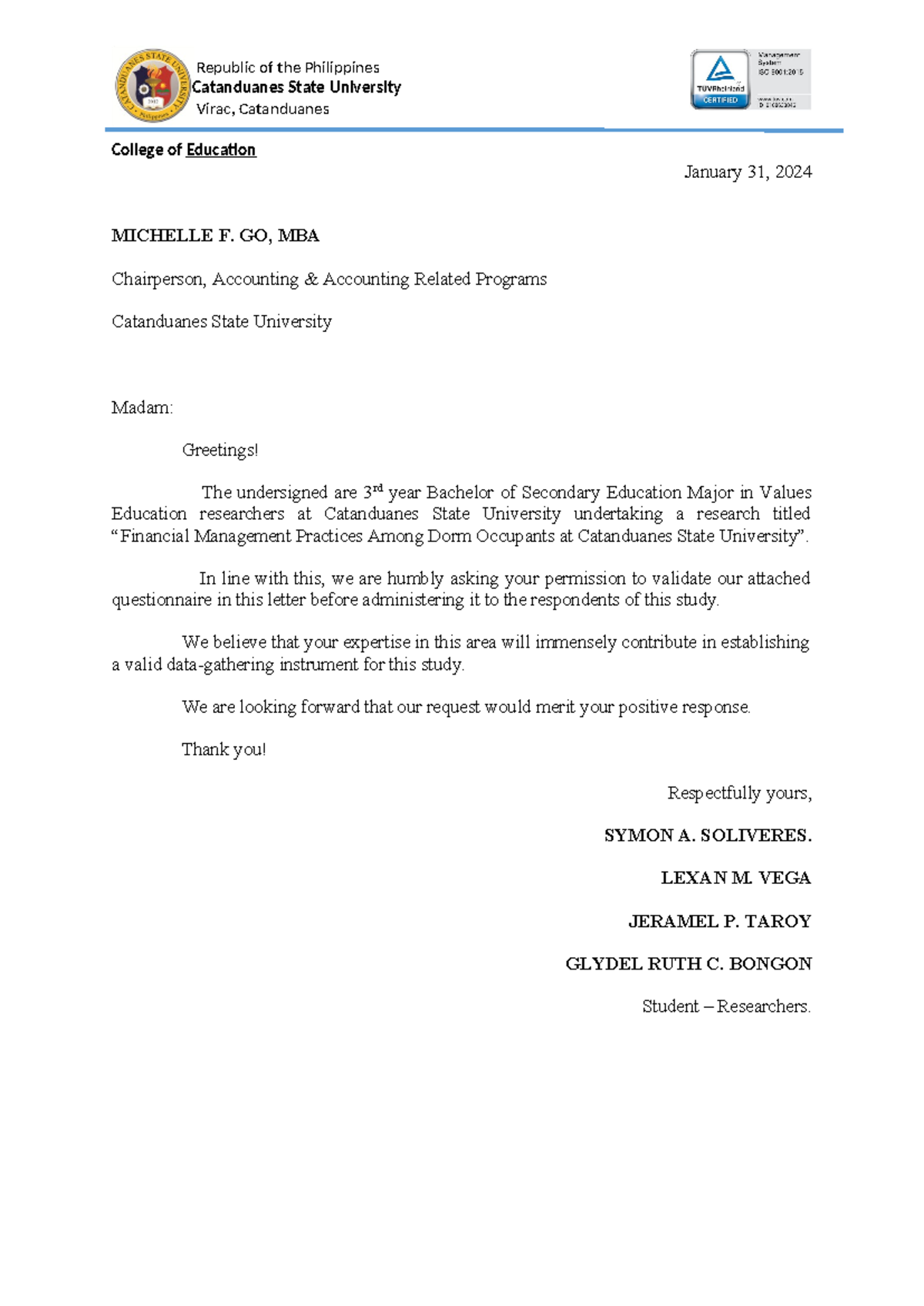 LETTER CHUCHUCH - Catanduanes State University Virac, Catanduanes ...