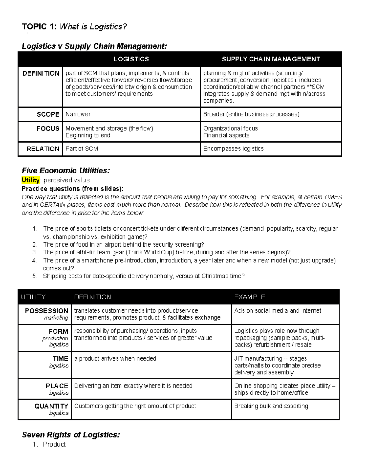 Topic 1 notes - Ellram - TOPIC 1: What is Logistics? Logistics v Supply ...