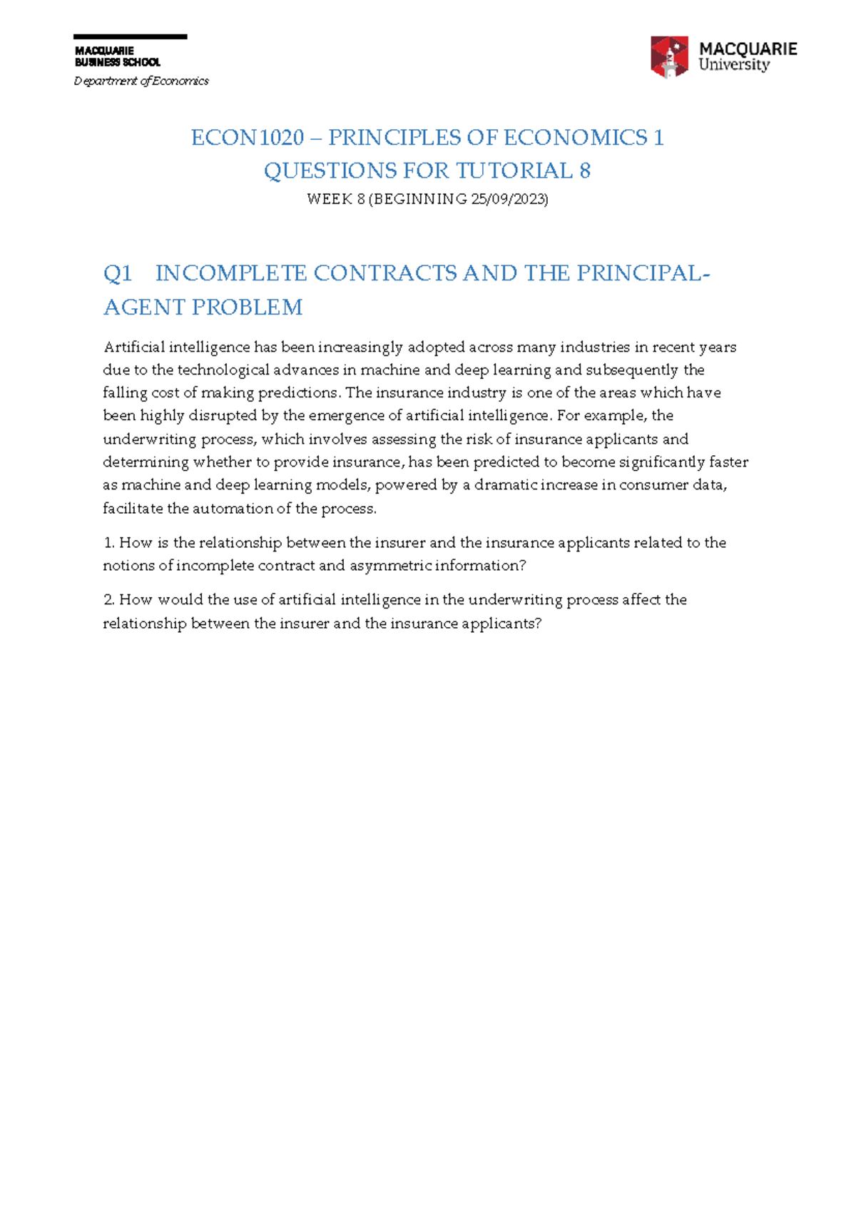 ECON 1020 S2 2023 Tutorial 8 - Questions - MACQUARIE BUSINESS SCHOOL ...