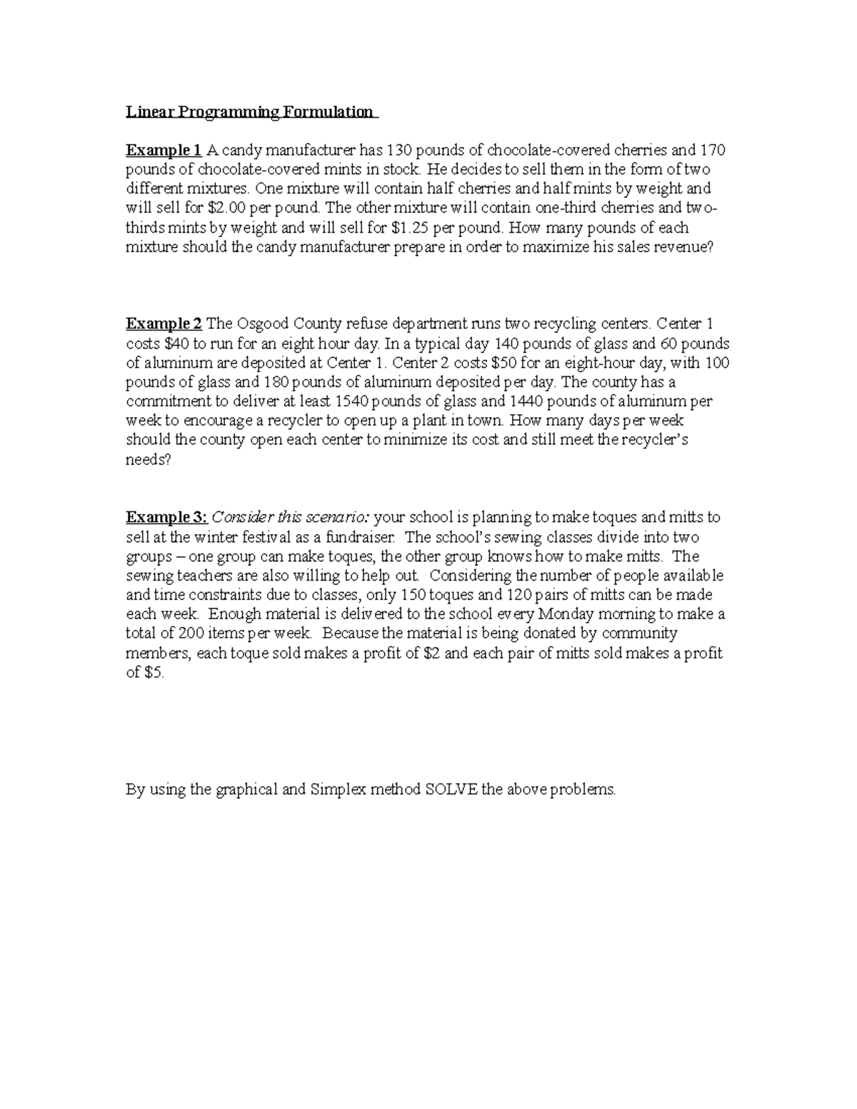 HW - sTUDENT - Linear Programming Formulation Example 1 A candy ...