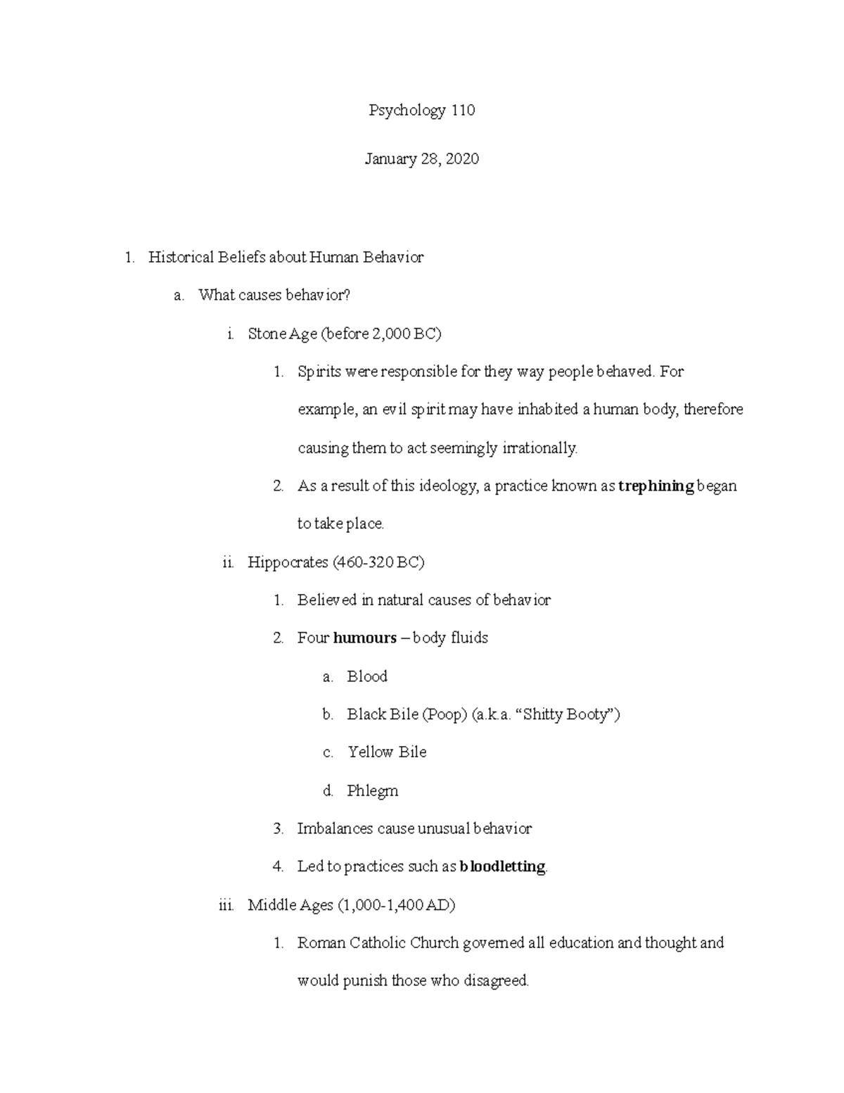 PSY 101 Notes - Psychology 110 January 28, 2020 Historical Beliefs ...
