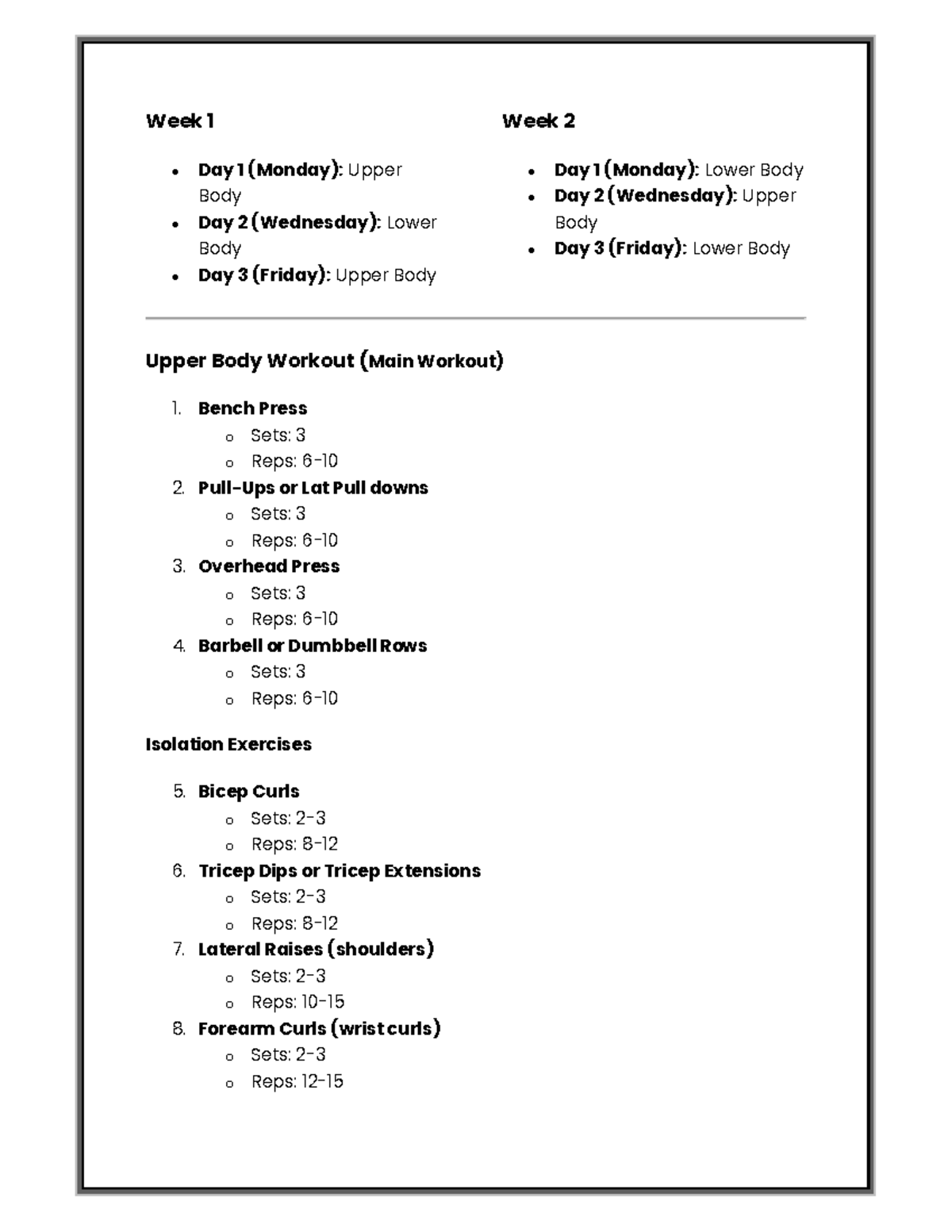 Workout Wplan - Week 1 Day 1 (Monday): Upper Body Day 2 (Wednesday ...