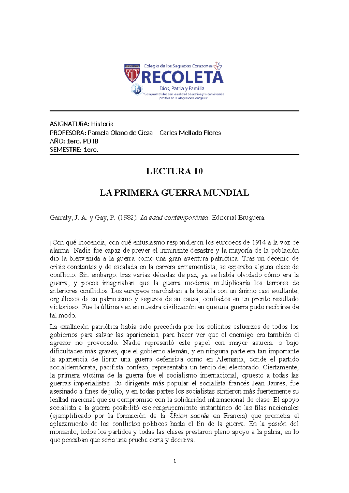 Lectura 10 LA Primera Guerra Mundial - ASIGNATURA: Historia PROFESORA ...