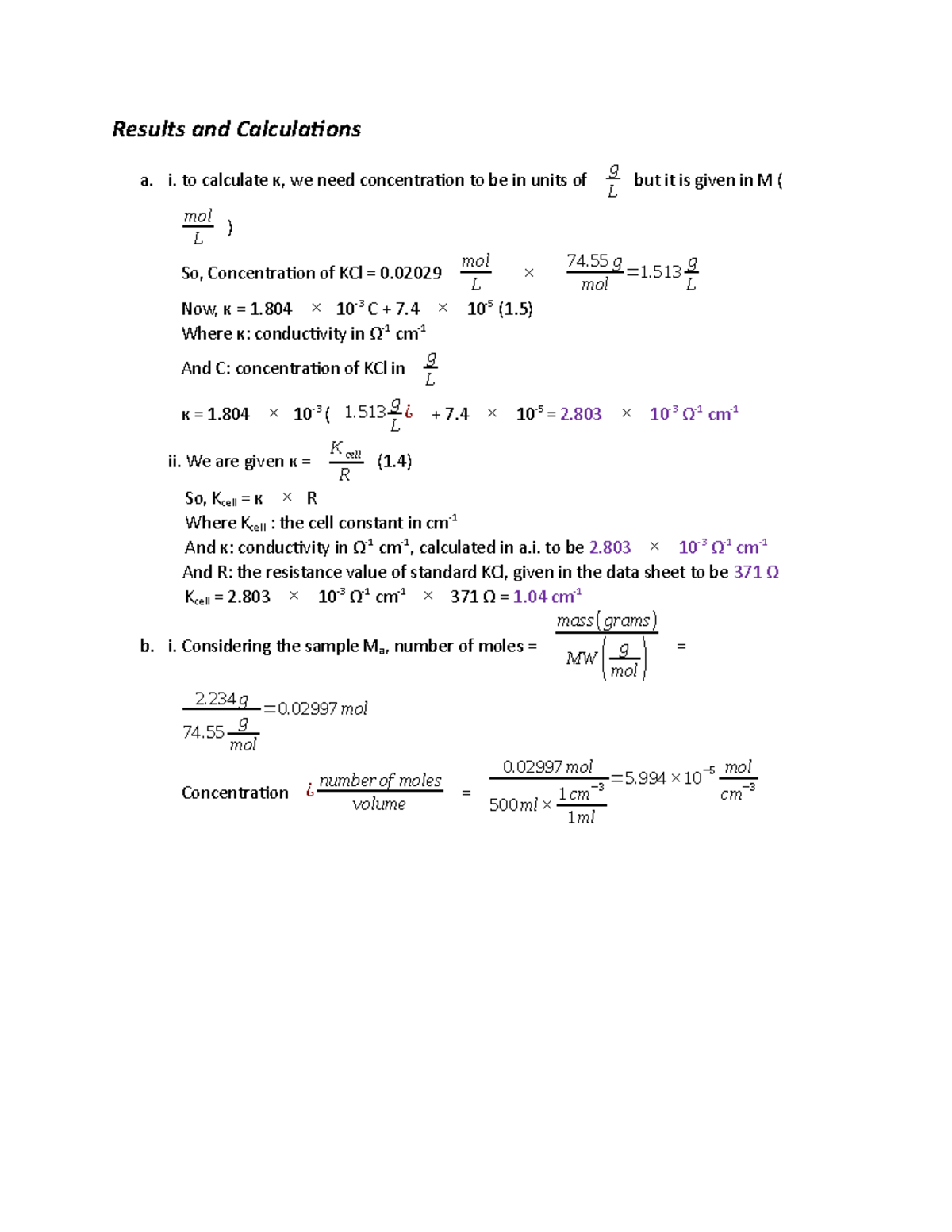 Exp-1 - InClass work/assignments/labs - Results and Calculations a. i. to calculate к, we need ...