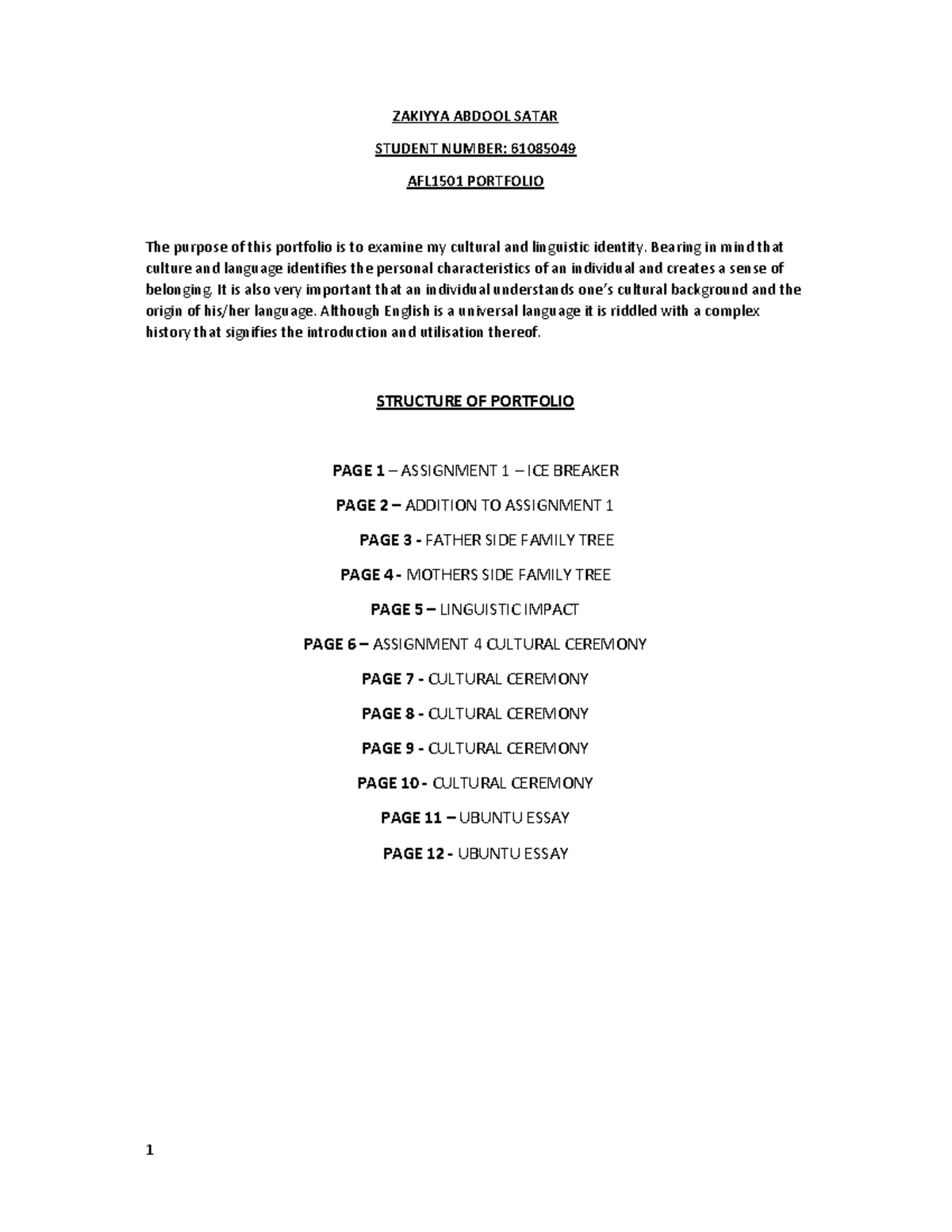 AFL1501 Portfolio Complete - ZAKIYYA ABDOOL SATAR STUDENT NUMBER ...