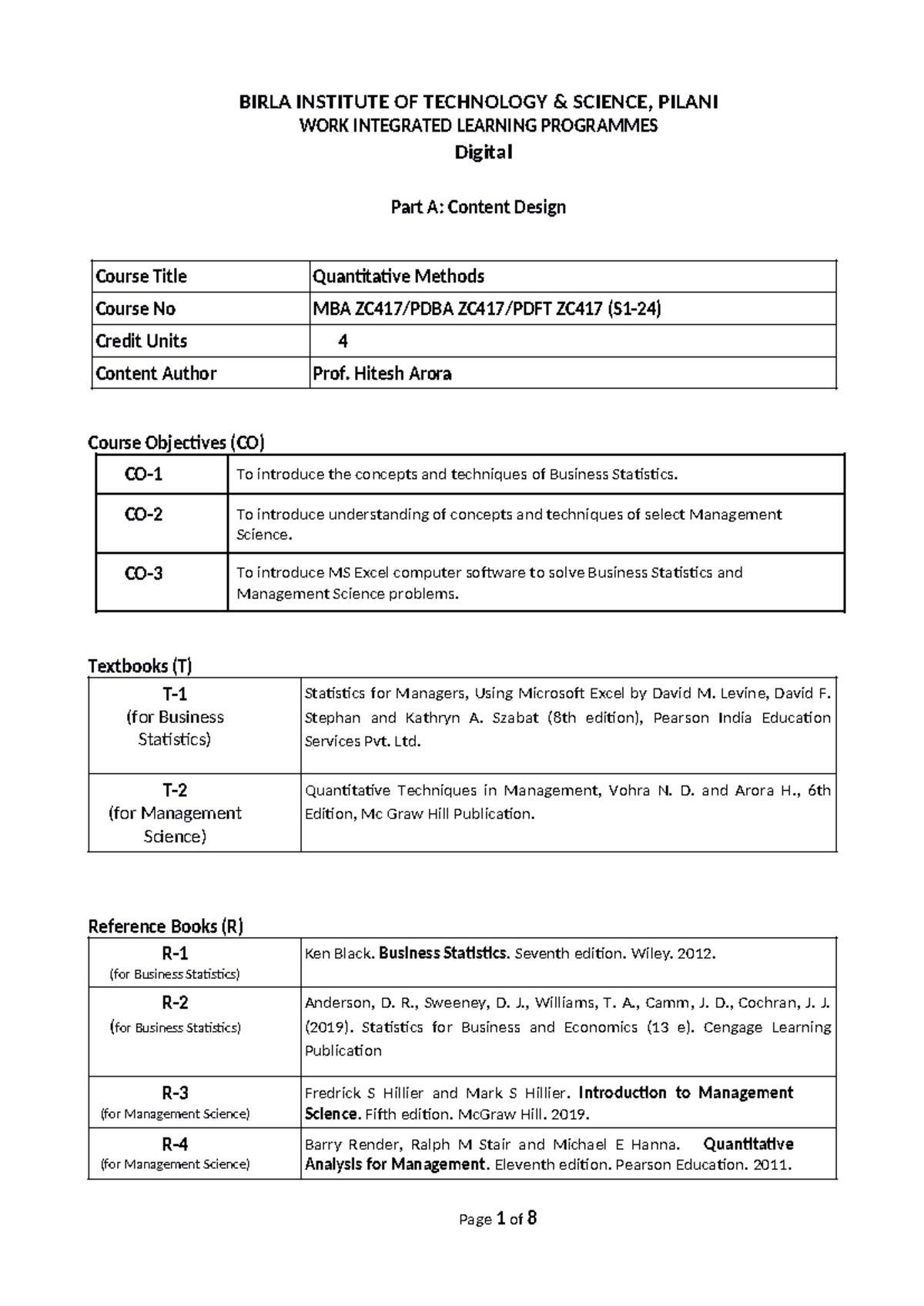 Quantitative Methods Course outline MBA ZC417 - BIRLA INSTITUTE OF ...