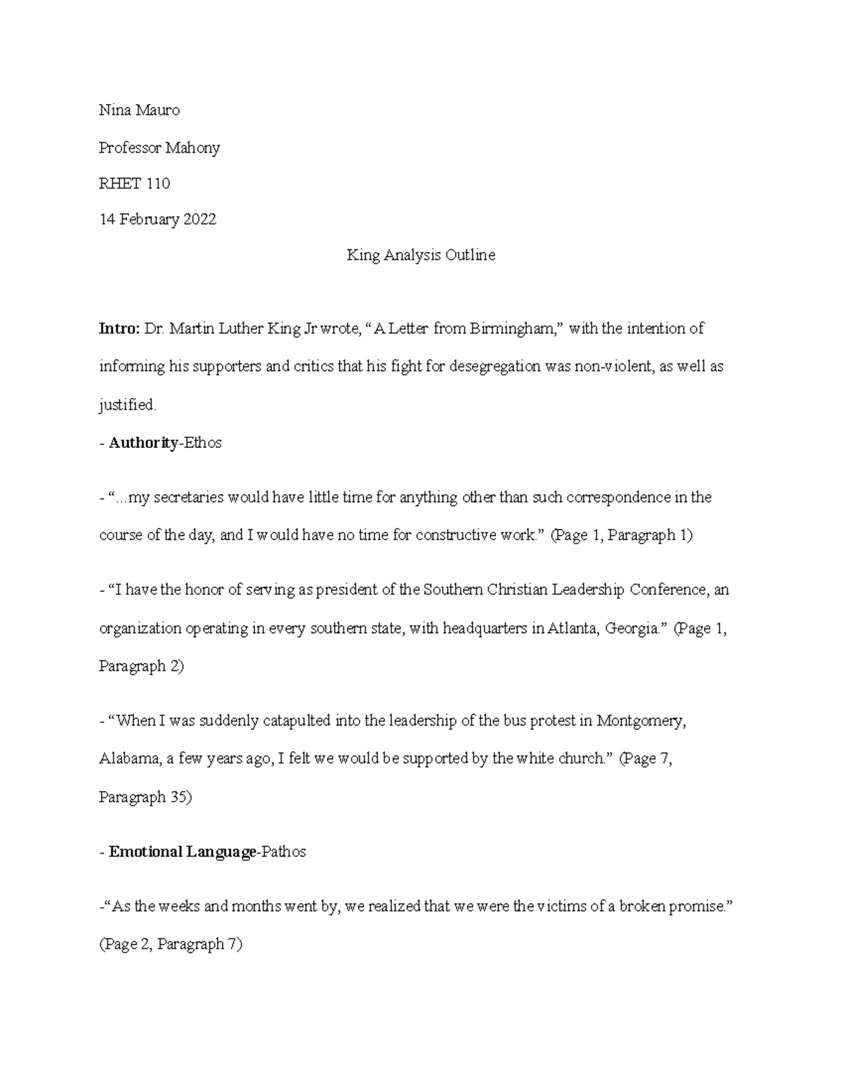 King Outline - Nina Mauro Professor Mahony RHET 110 14 February 2022 ...